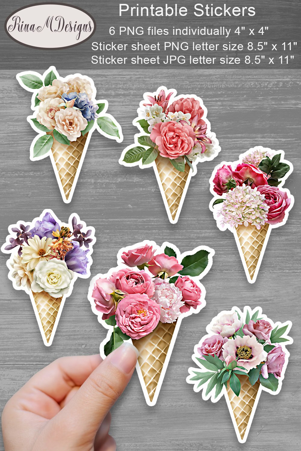 Floral Ice-cream Stickers. Printable Flowers Stickers.