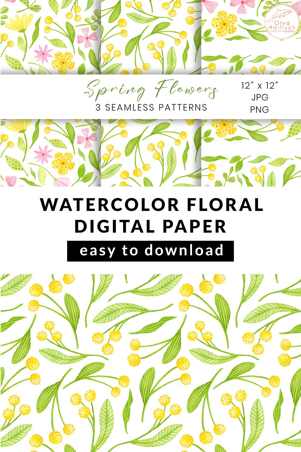 Watercolor Floral Digital Paper. Spring Seamless Patterns