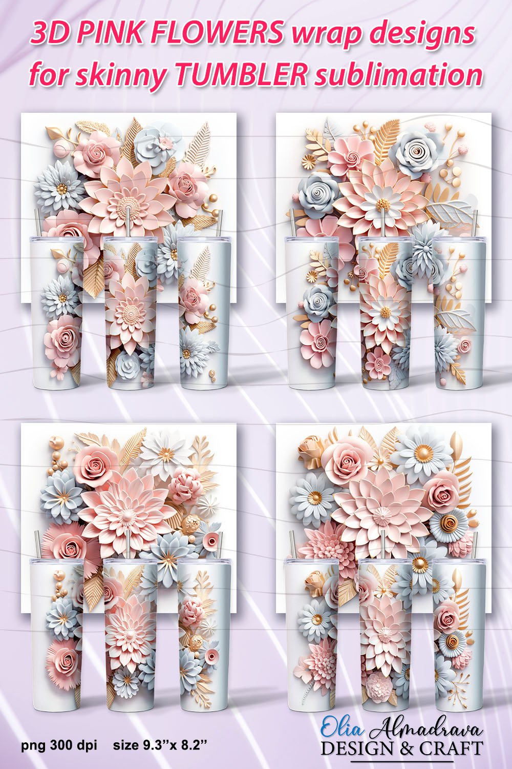 3d Sublimation Tumbler Wrap Templates| 3D Flowers png bundle