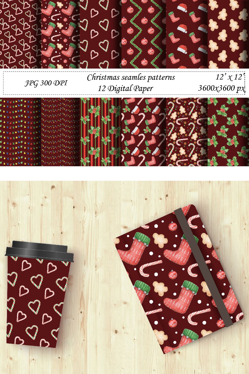 Christmas seamless pattern.Red digital paper.Santa,New year