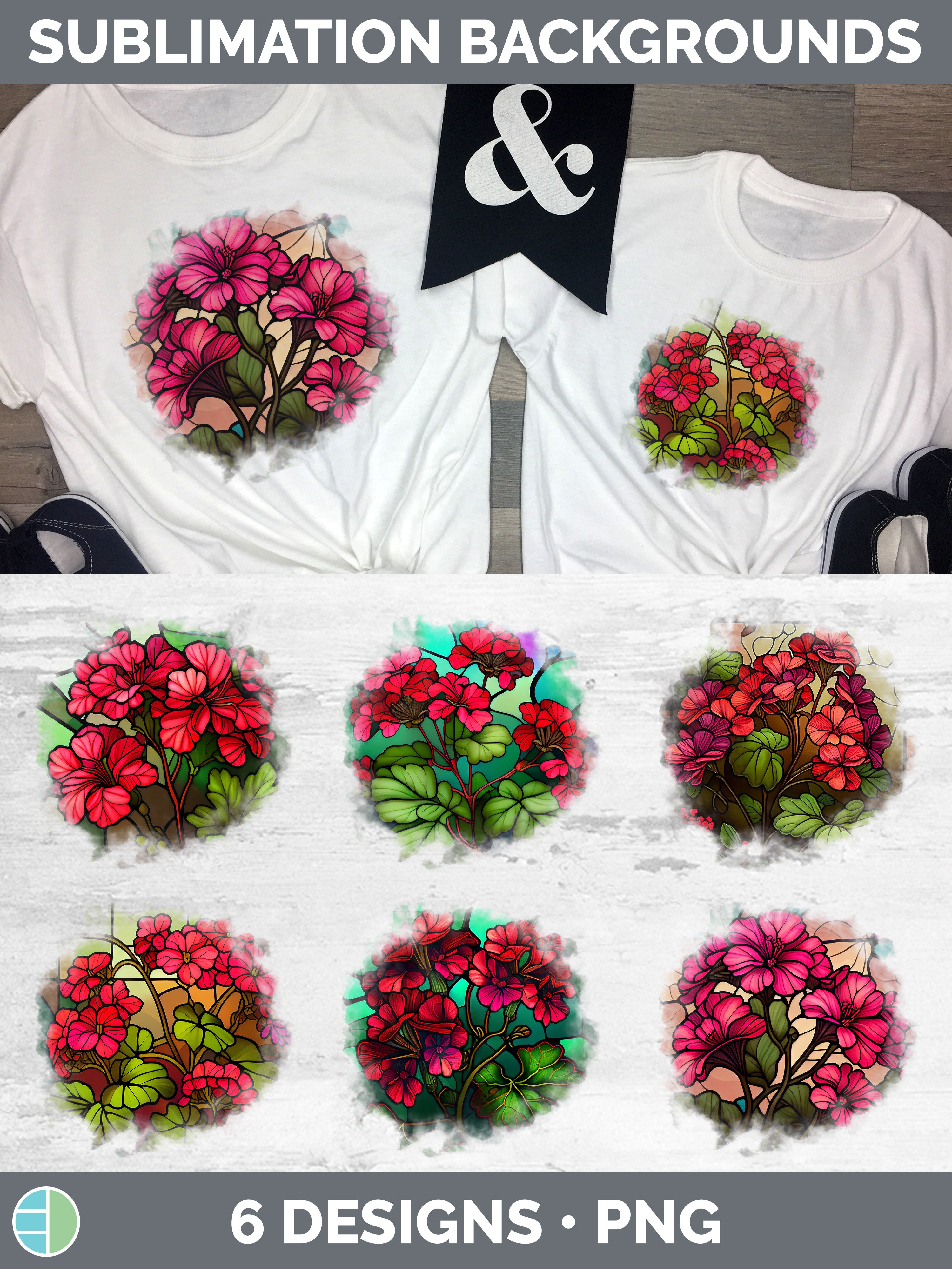 Stained Glass Geranium Flowers Grunge Background | Sublimati