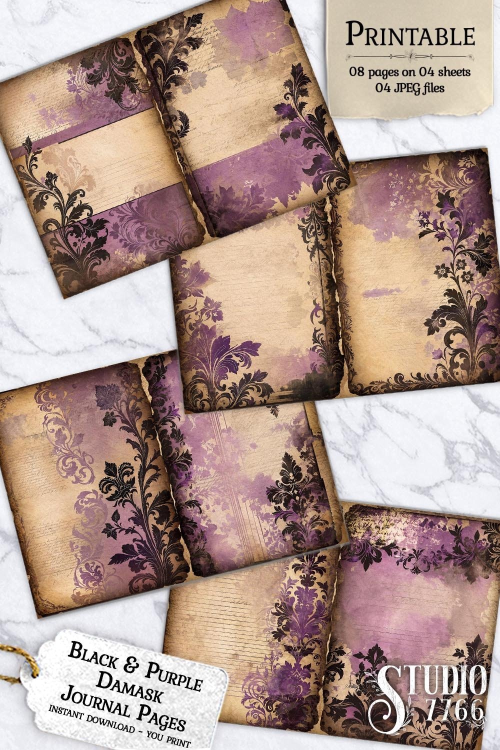 Black & Purple Damask Junk Journal Pages