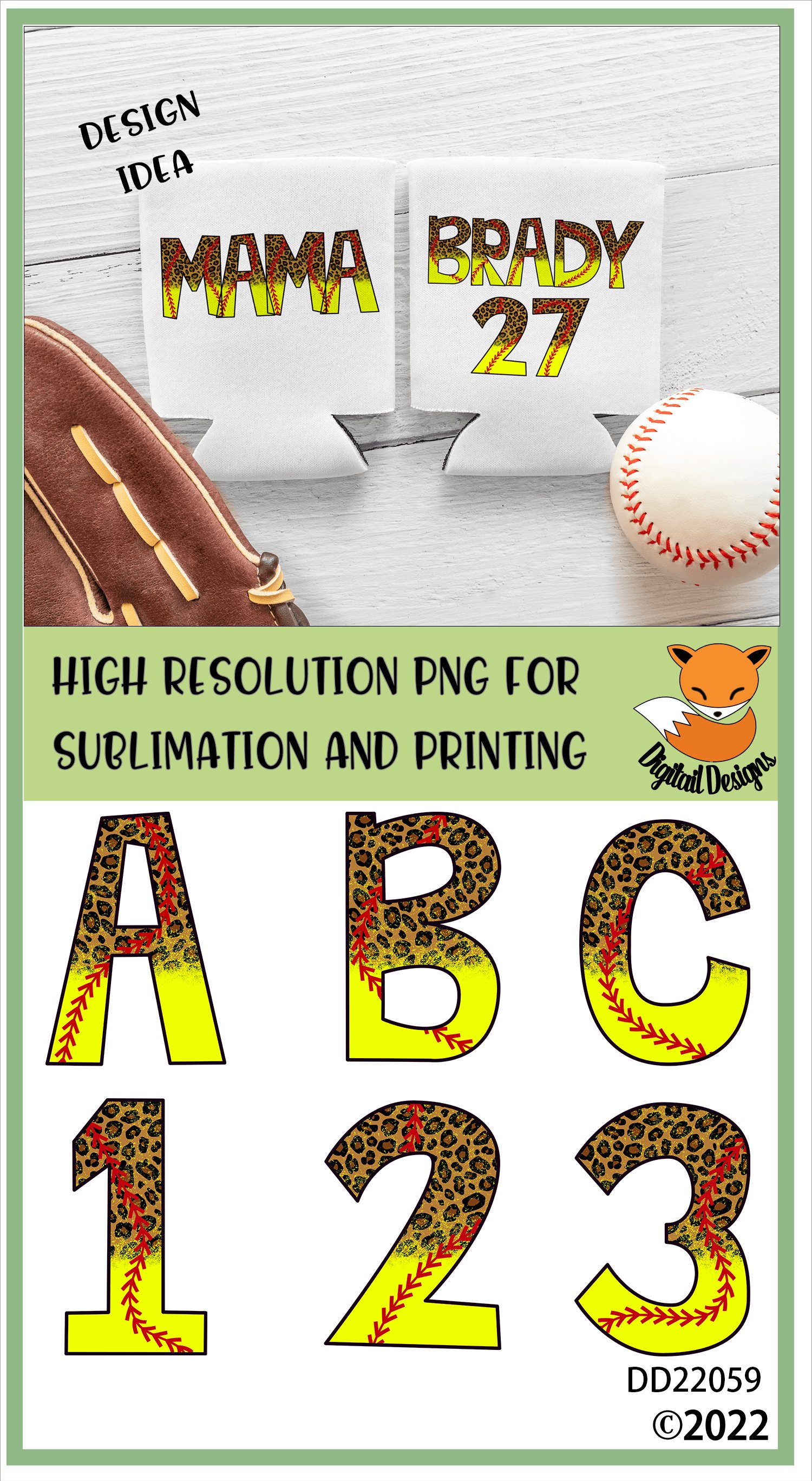 Softball Leopard Doodle Alphabet and Number Set