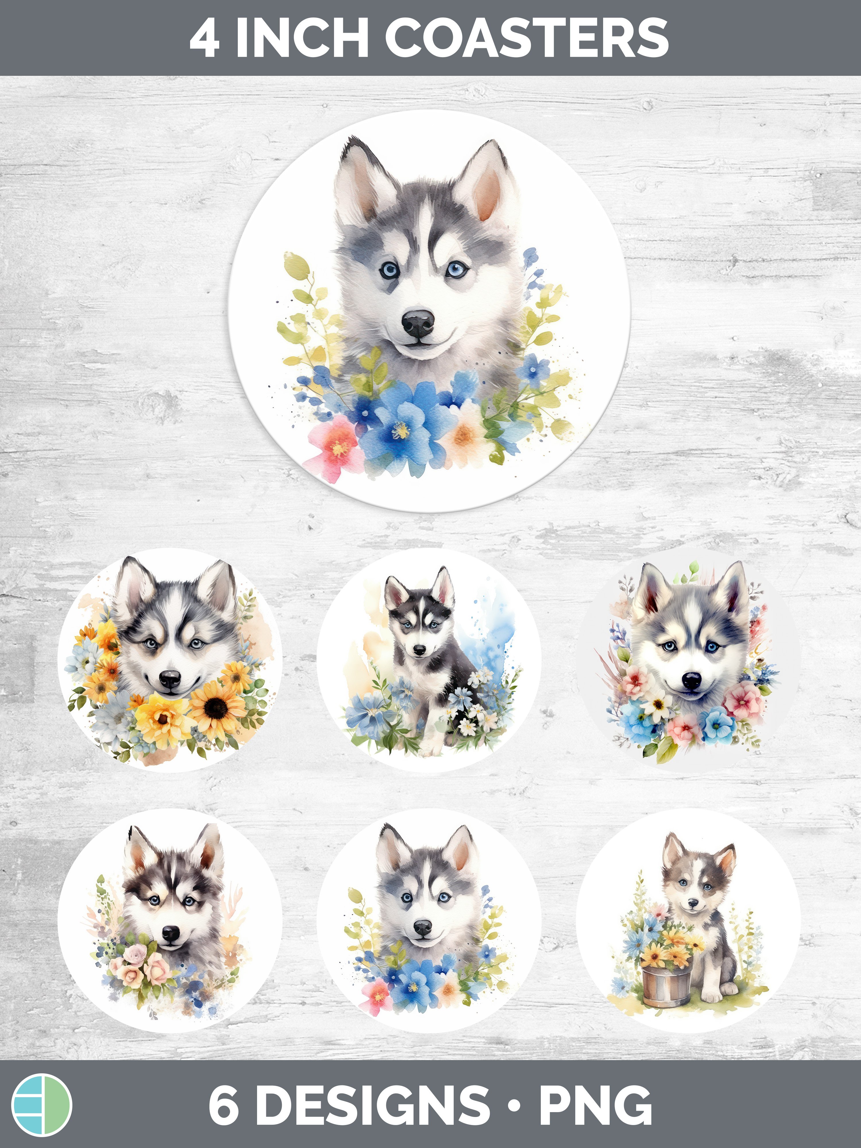 Watercolor Husky Dog Round Coaster | Sublimation Coaster Des