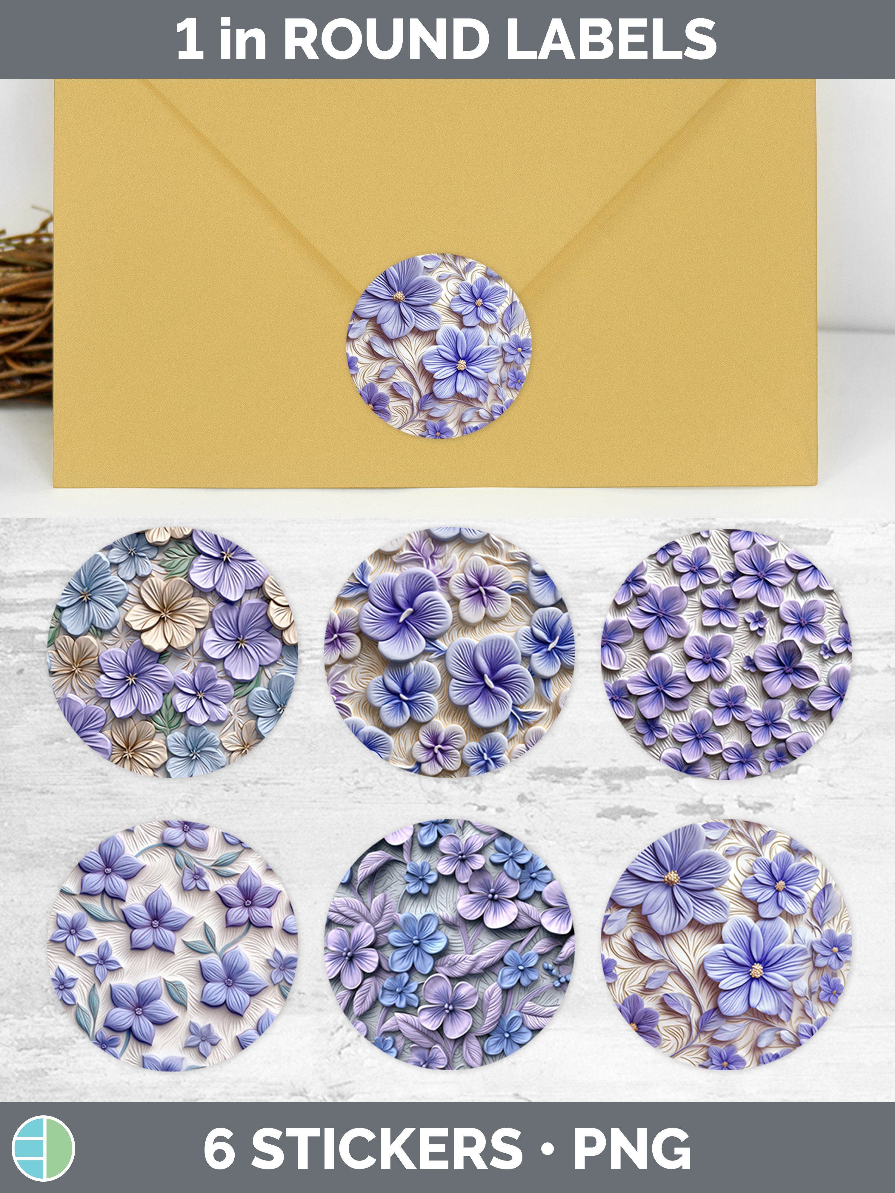 3D Periwinkle Flowers Stickers | Round Labels Designs Bundle