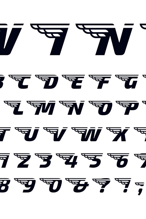 Winged letters with wings, flying vector alphabet