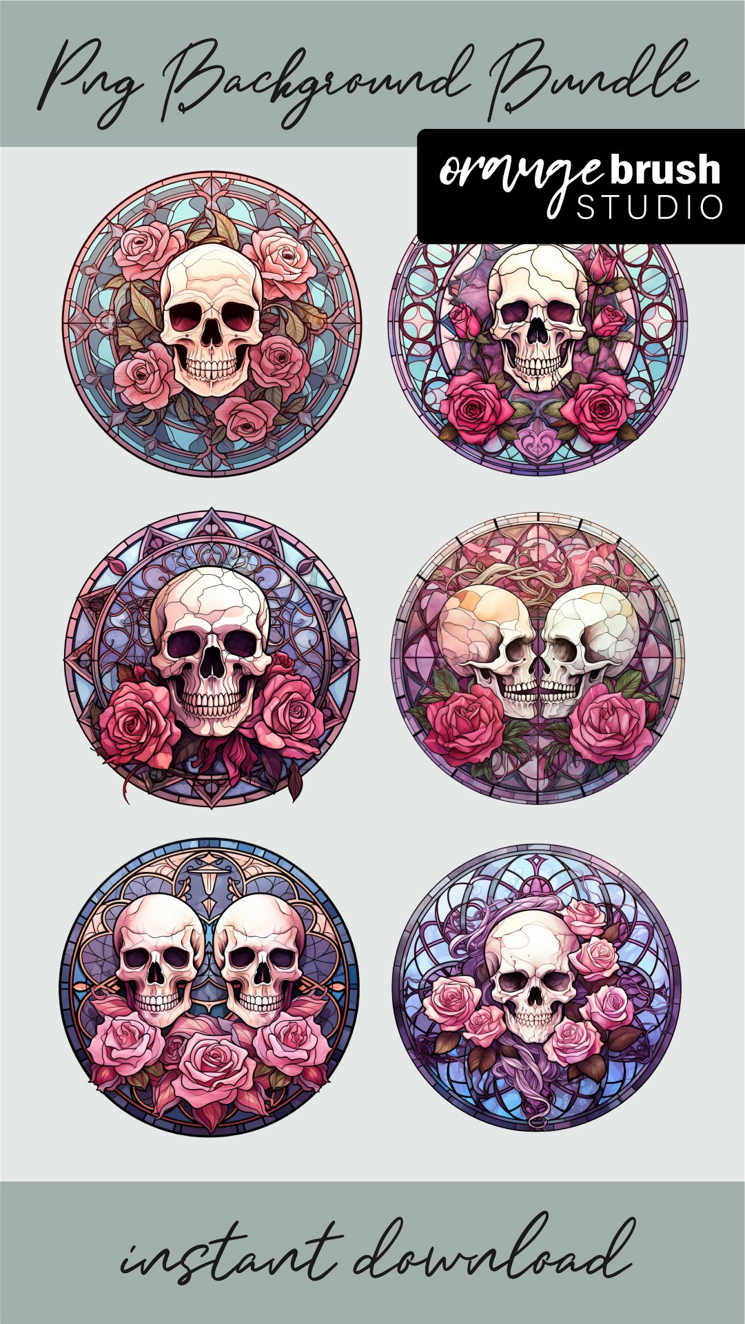 Stained Glass Halloween Skull Round PNG Backgrounds Bundle