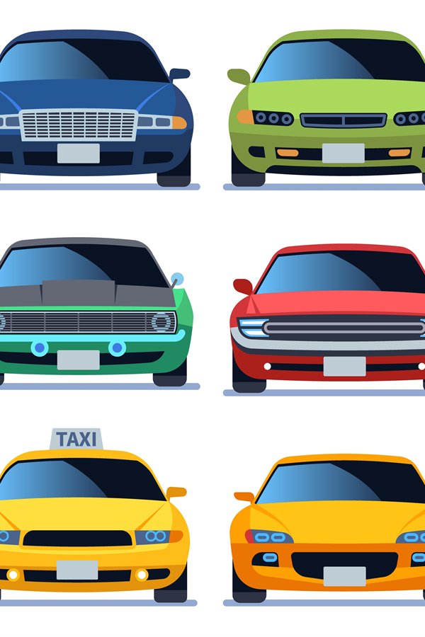 Car front view set. Urban city traffic vehicle model cars. P