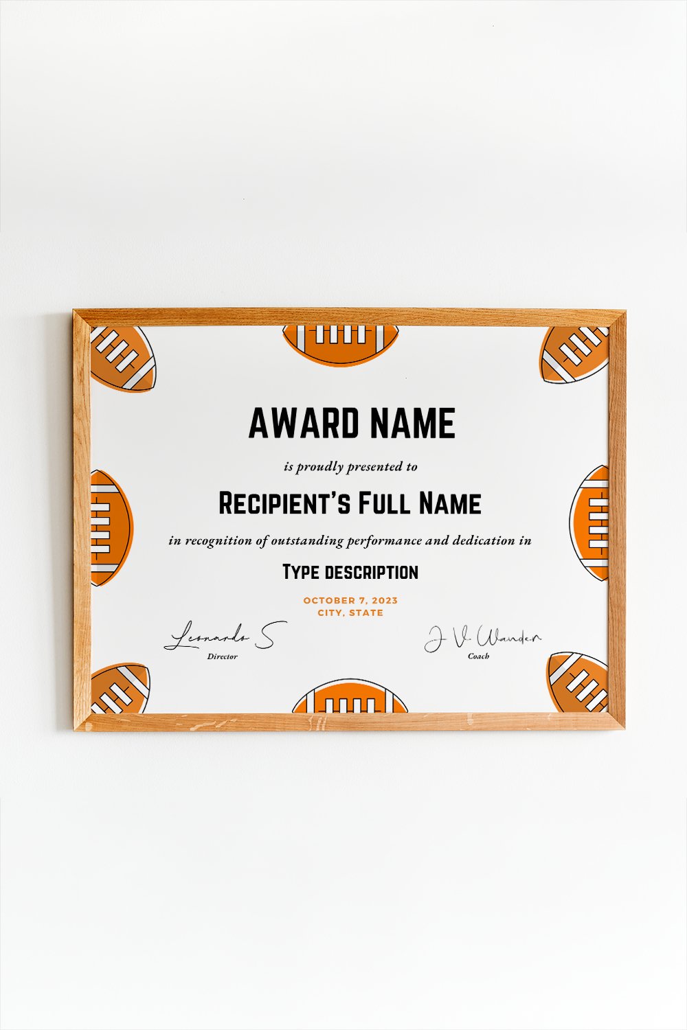 Editable Football Award Certificate template, printable canv
