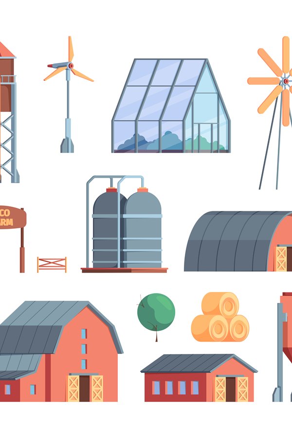 Rural buildings. Farm agricultural collection wooden houses