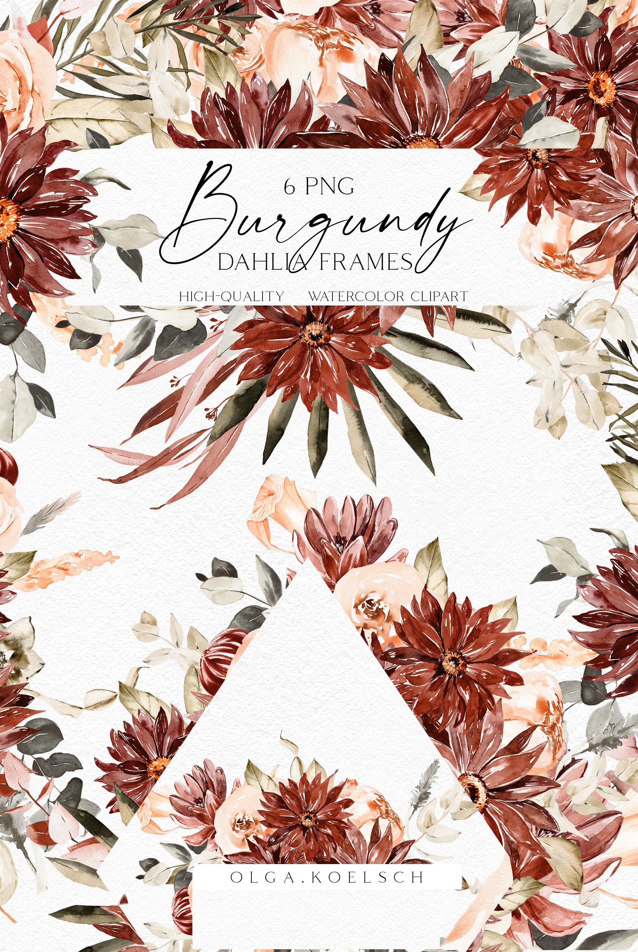 Boho burgundy floral frames clipart, Watercolor burgundy 076