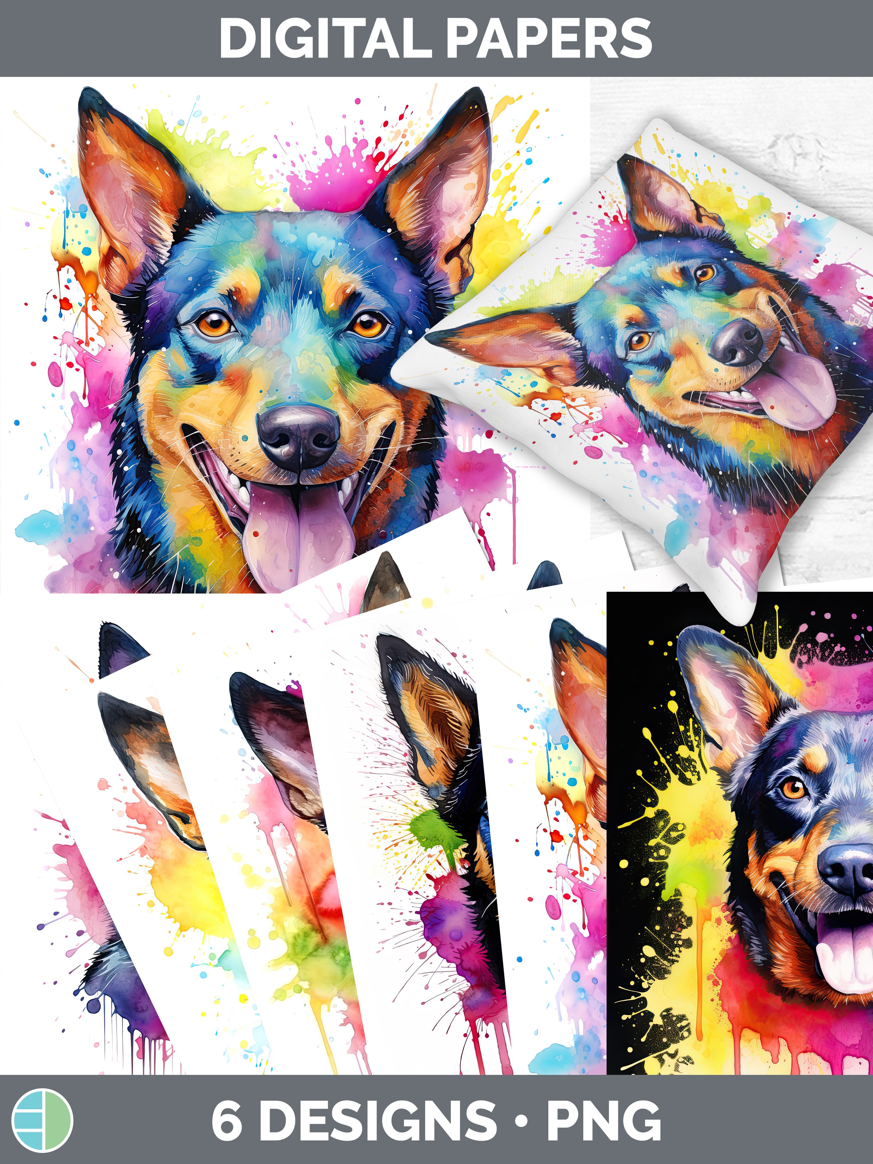 Splat Rainbow Australian Kelpie Dog Paper Backgrounds | Digi
