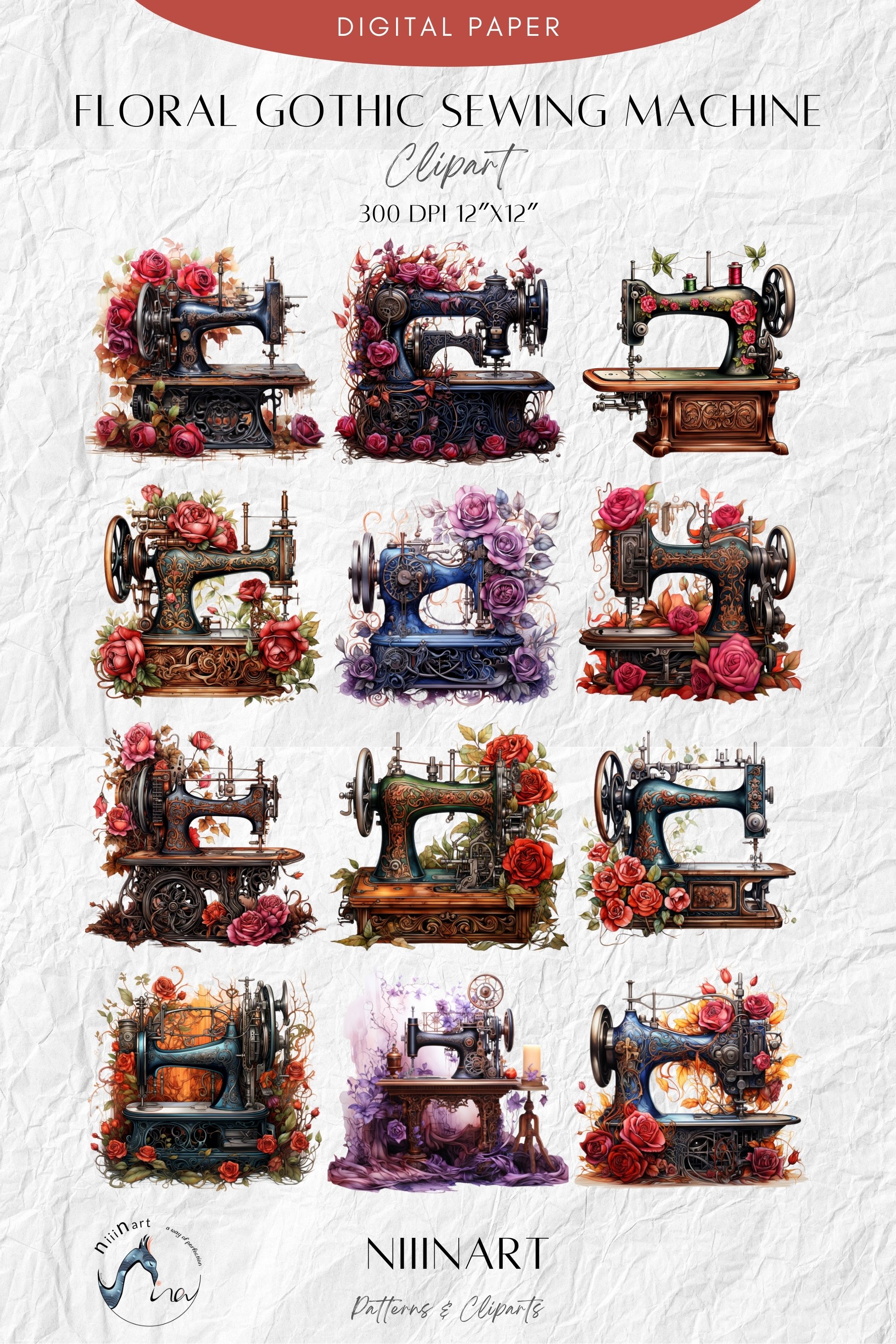 Floral Sewing Machine Clipart, Gothic Sewing Machine