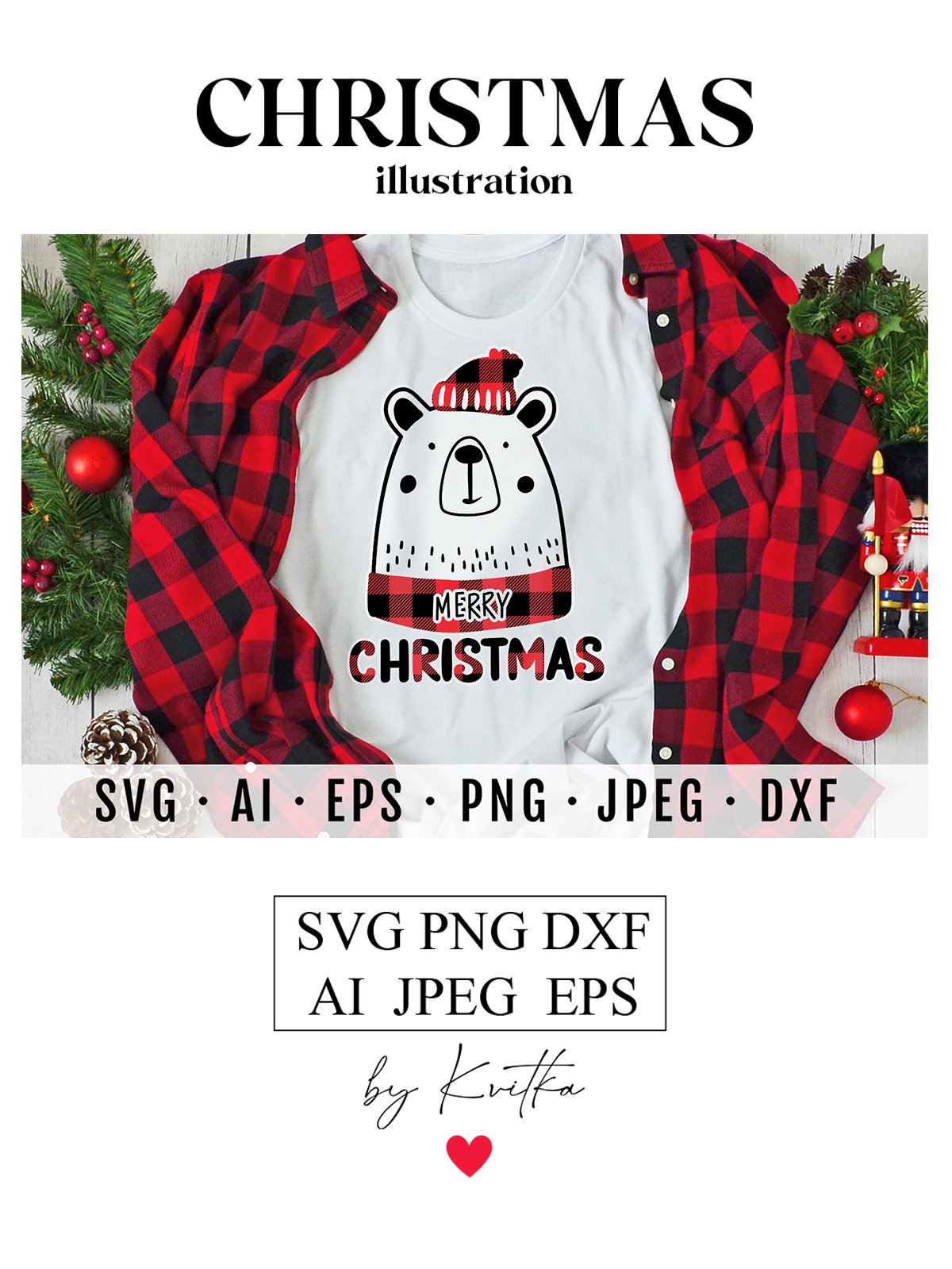 Christmas bear SVG. Buffalo plaid. Cute Christmas Animals.