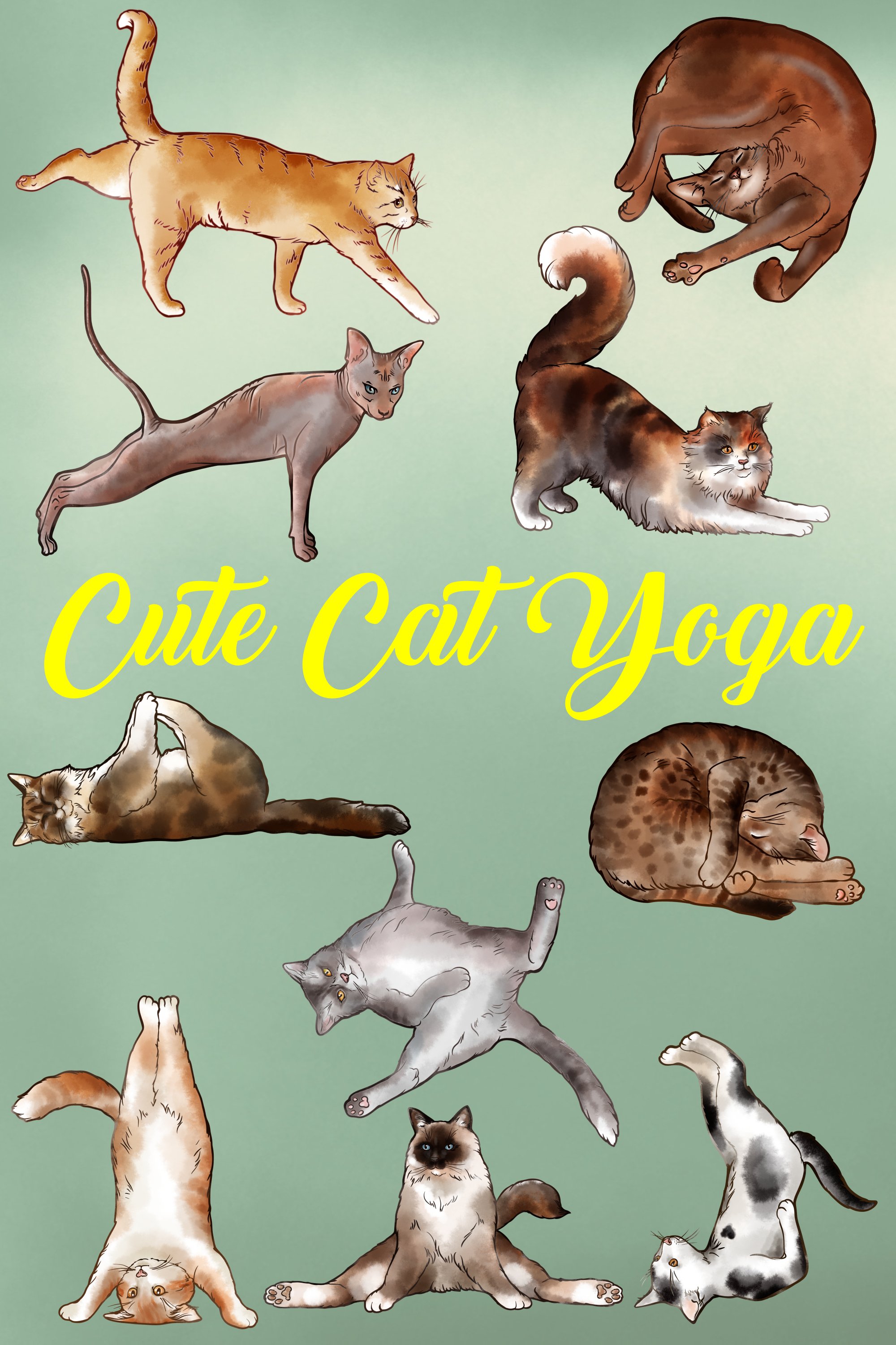 Cute Cat Yoga Watercolor Set Clip Art PNG and JPEG
