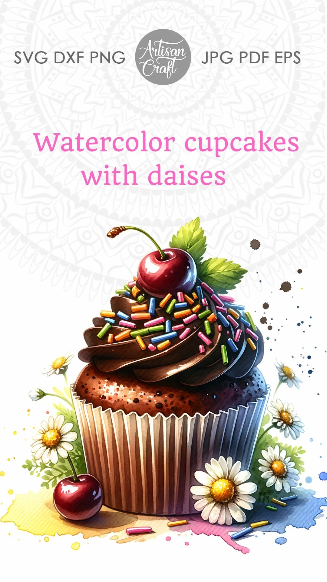 Watercolor chocolate cupcake, cherries, sprinkles, daisies