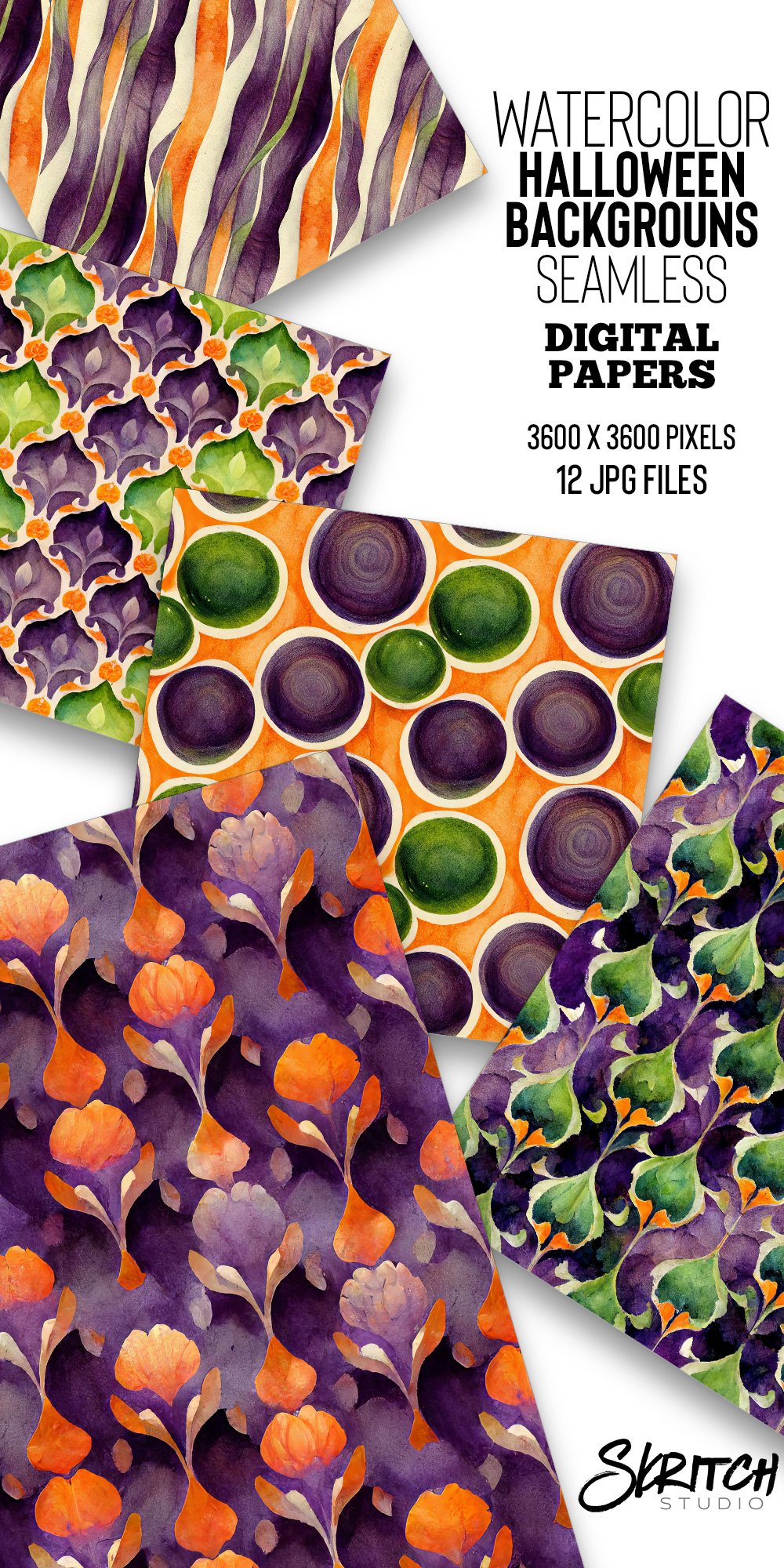 Watercolor Halloween Seamless Digital Background Patterns