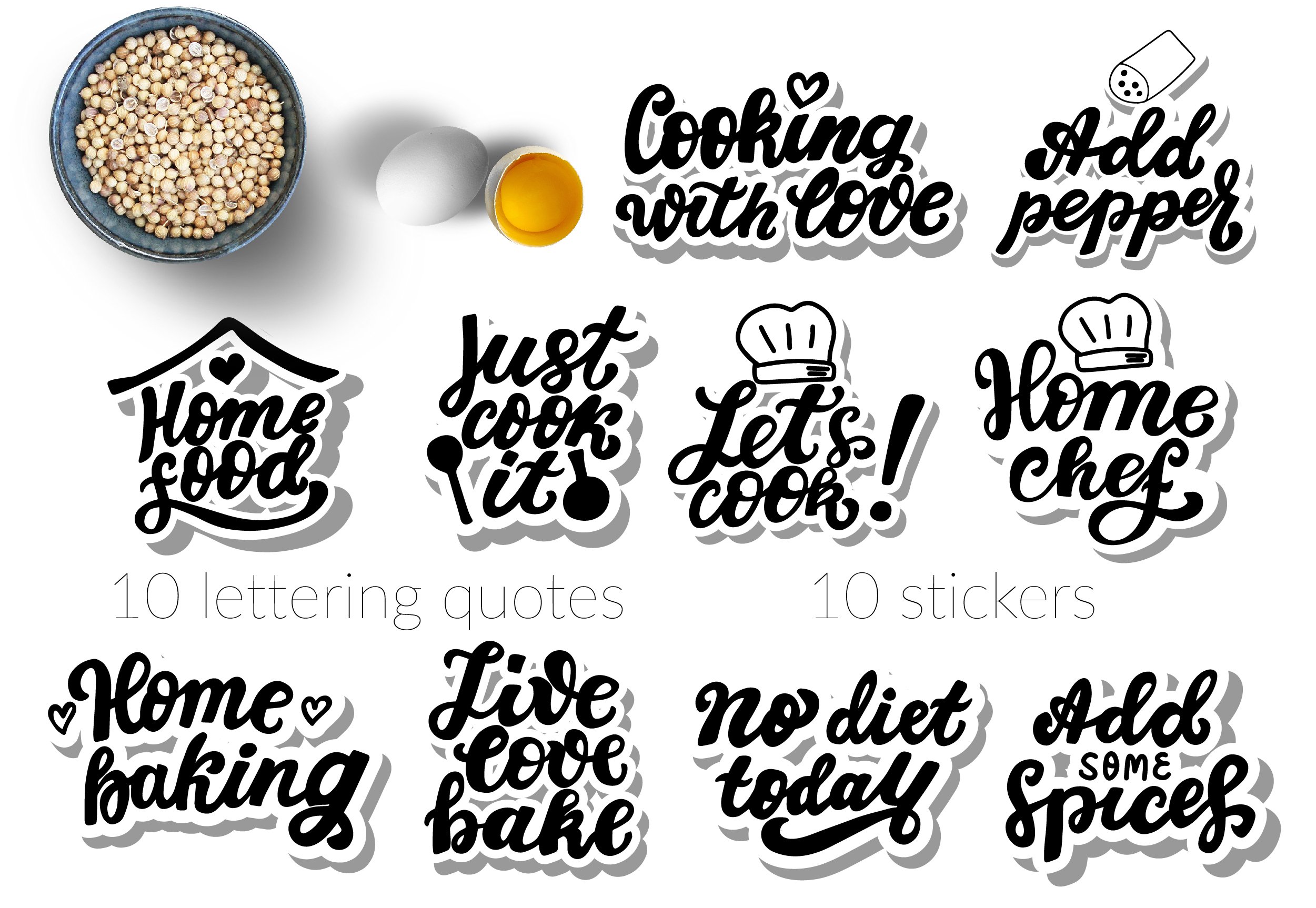 Kitchen lettering phrases stickers set. Brush calligraphy