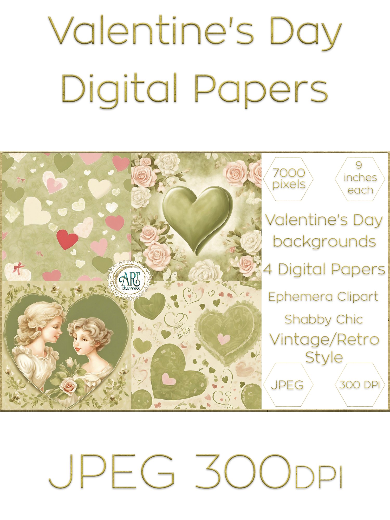 Retro Valentines Day Digital Papers Shabby Chic (3008617)
