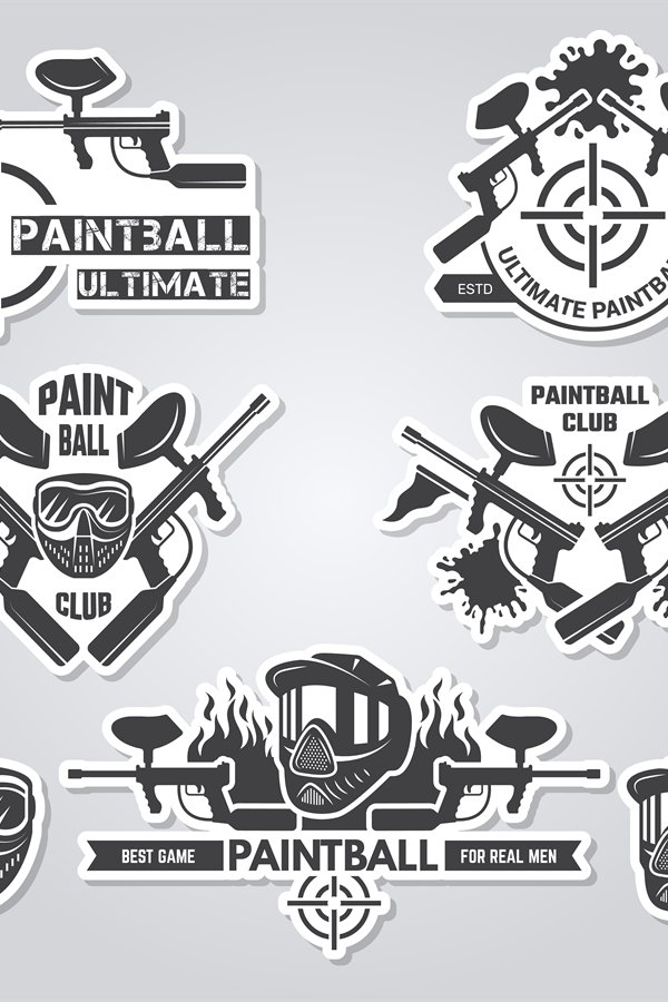 Paintball labels. Sport badges active games with gun and pai
