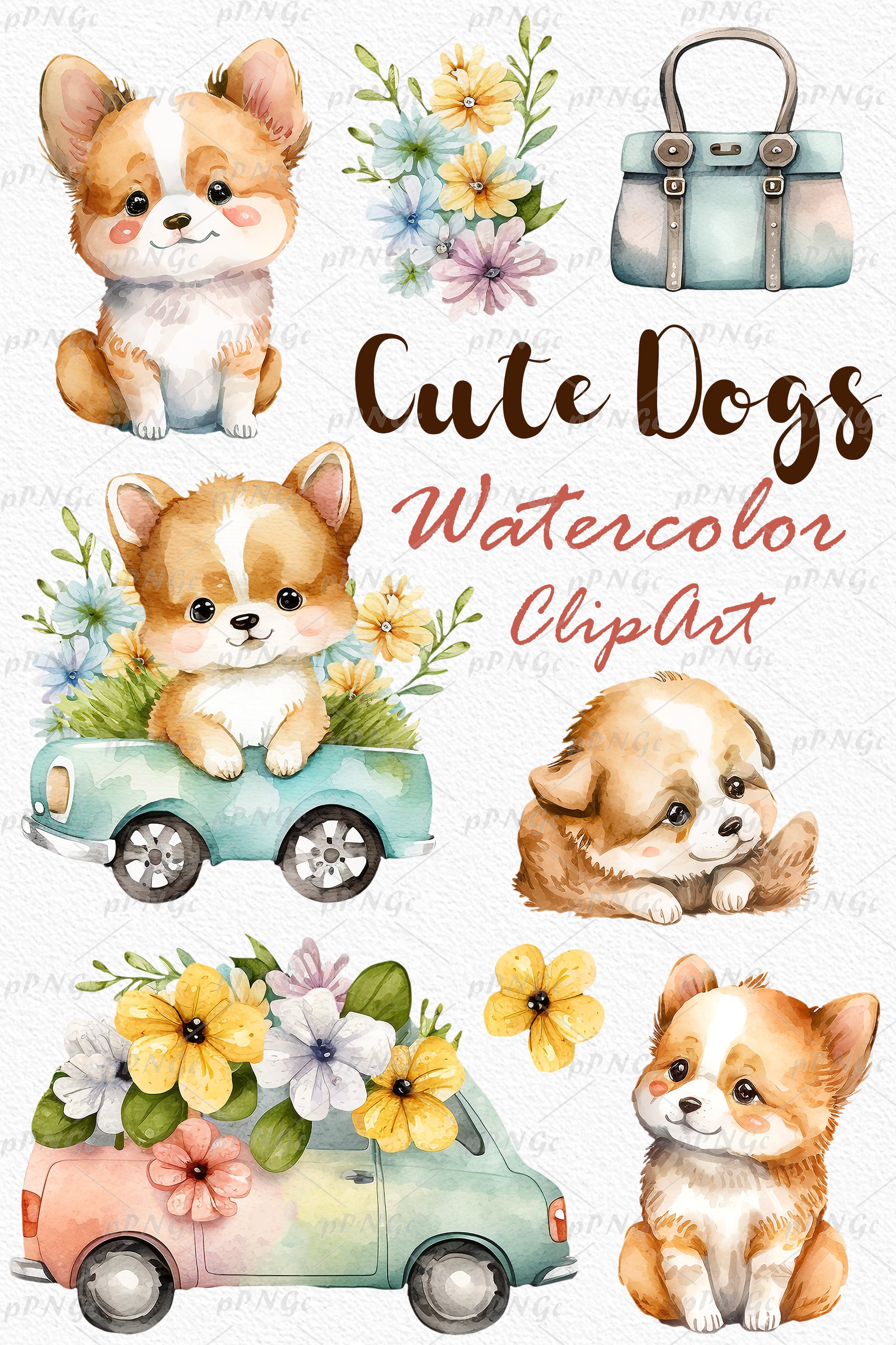 Watercolor Cute Dogs and Flowers Clipart