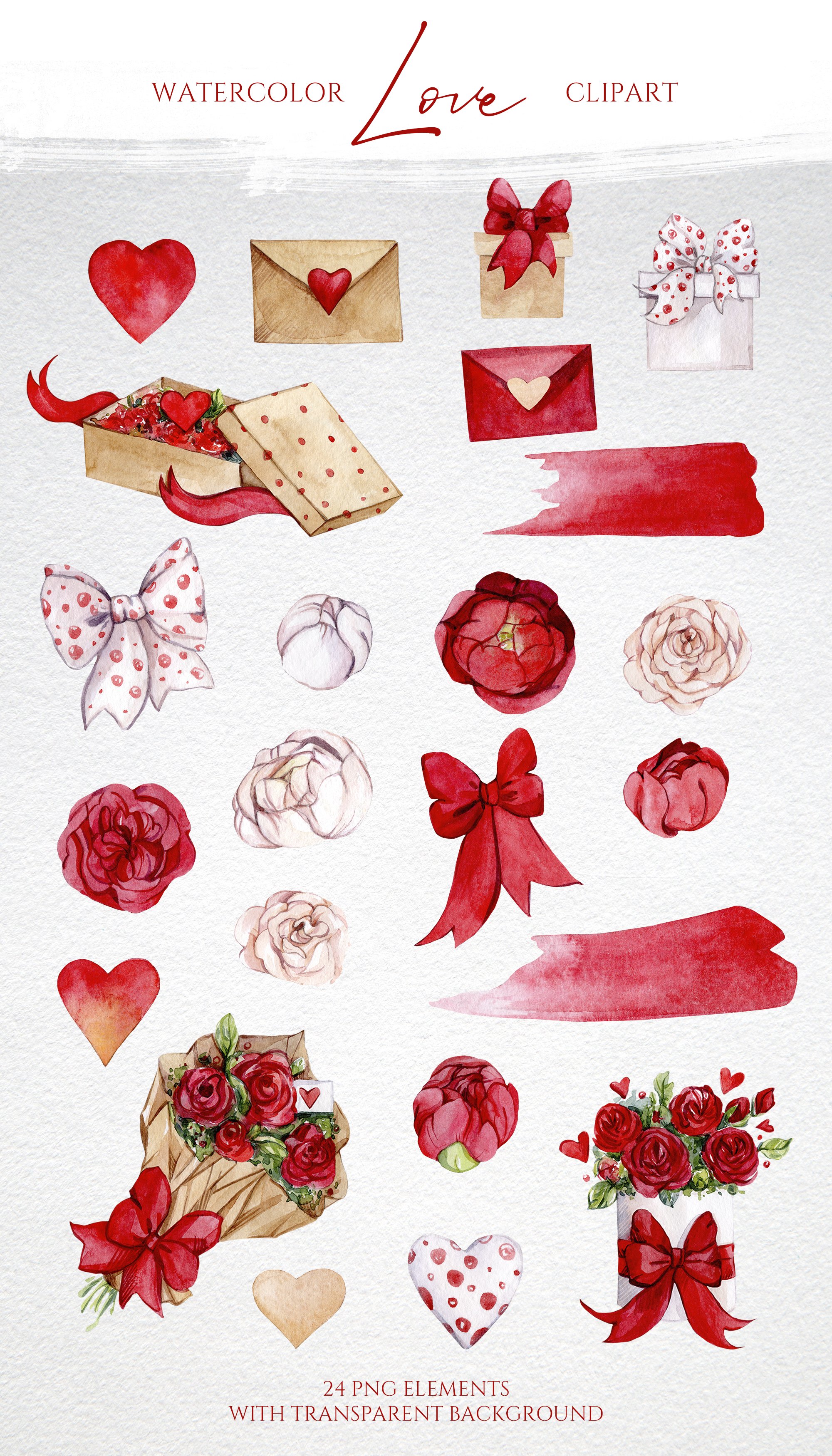 Love Watercolor Clipart-Hearts,Flowers and Gifts PNG