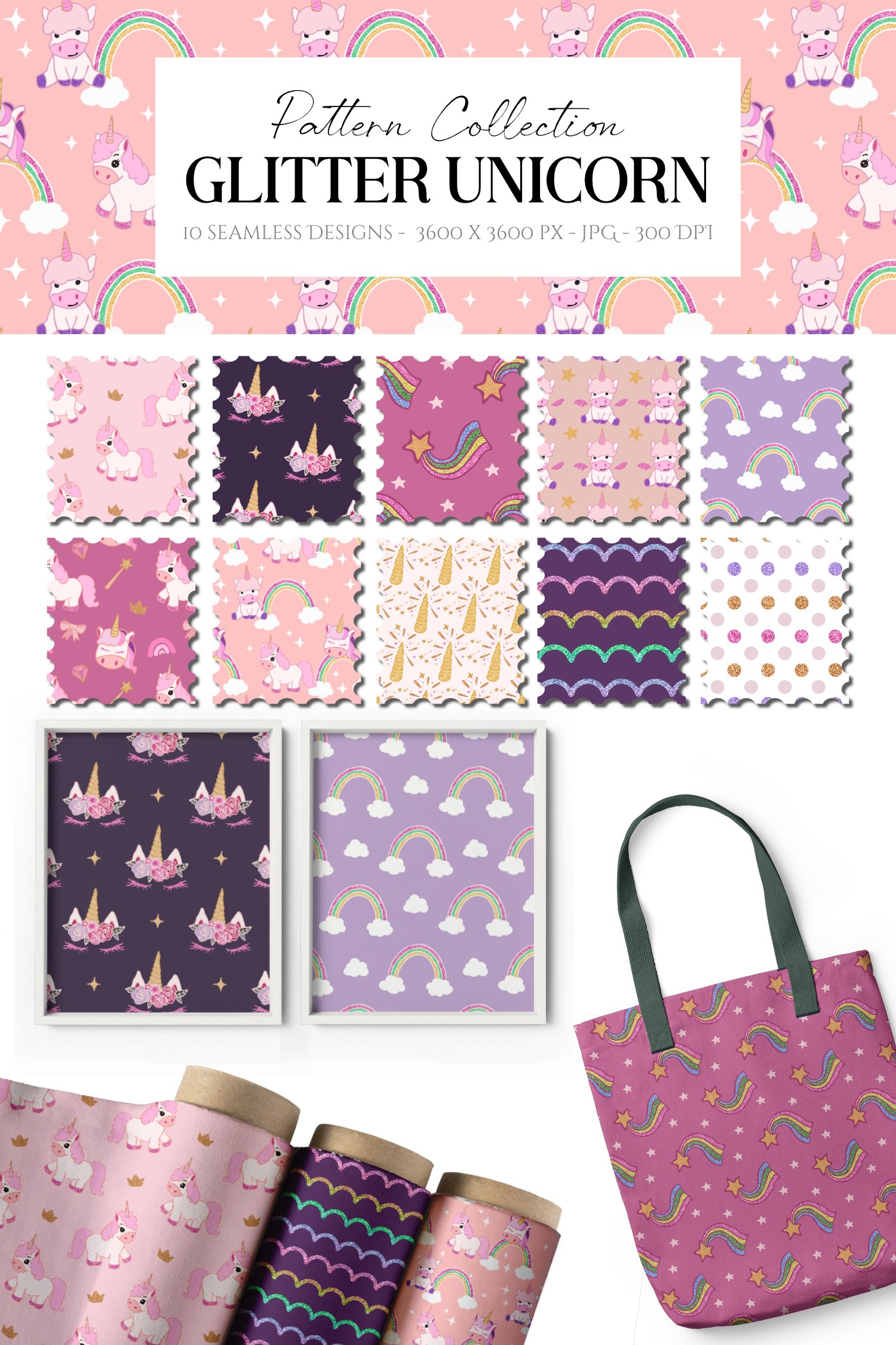 Glitter Unicorn Pattern - 10 seamless Patterns