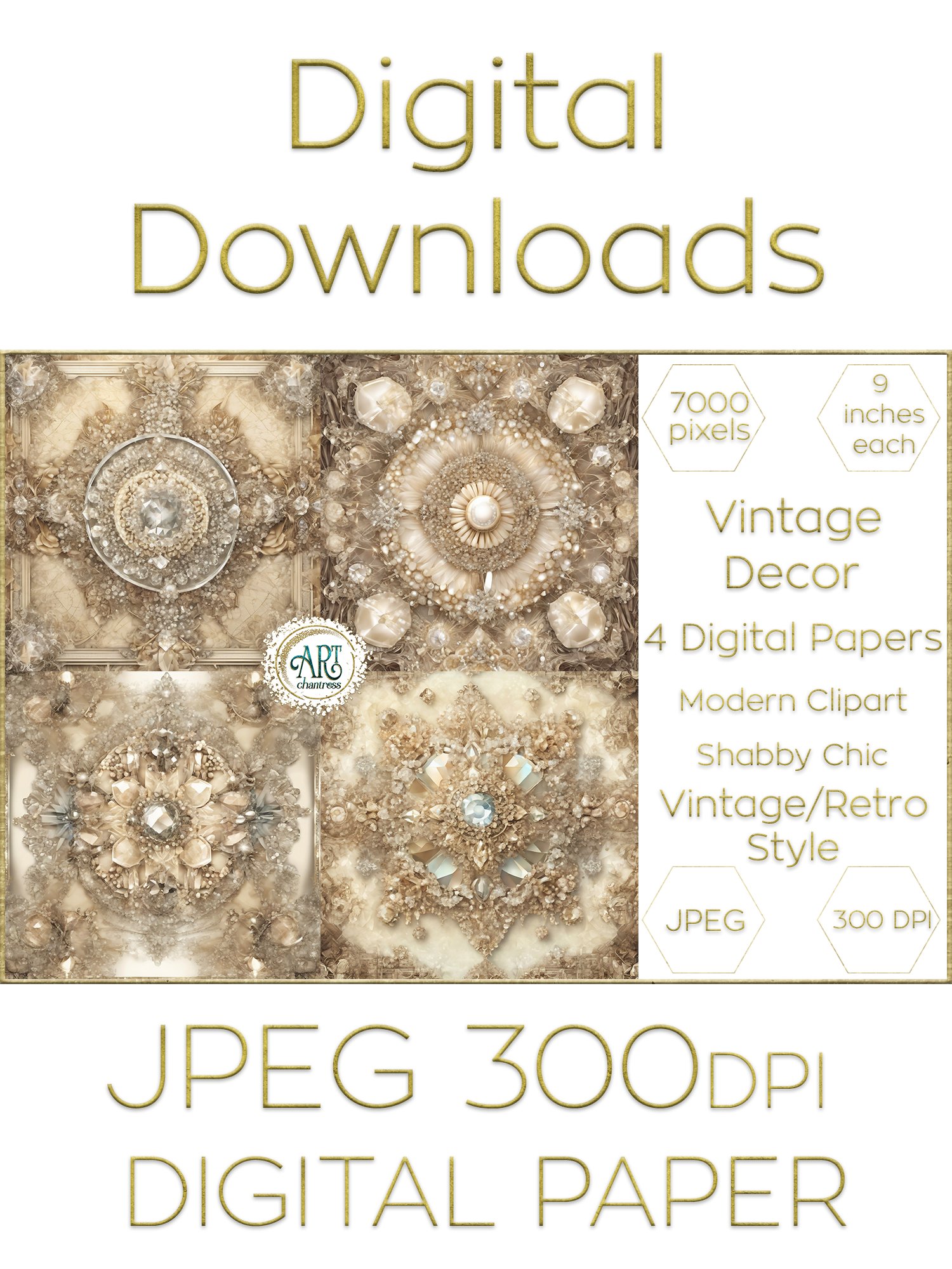 Vintage Fantasy Gem Cream Graphics Digital Paper Decoration
