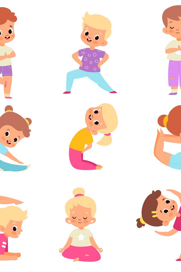 Children yoga. Cute kids yoga poses collection, happy flexib