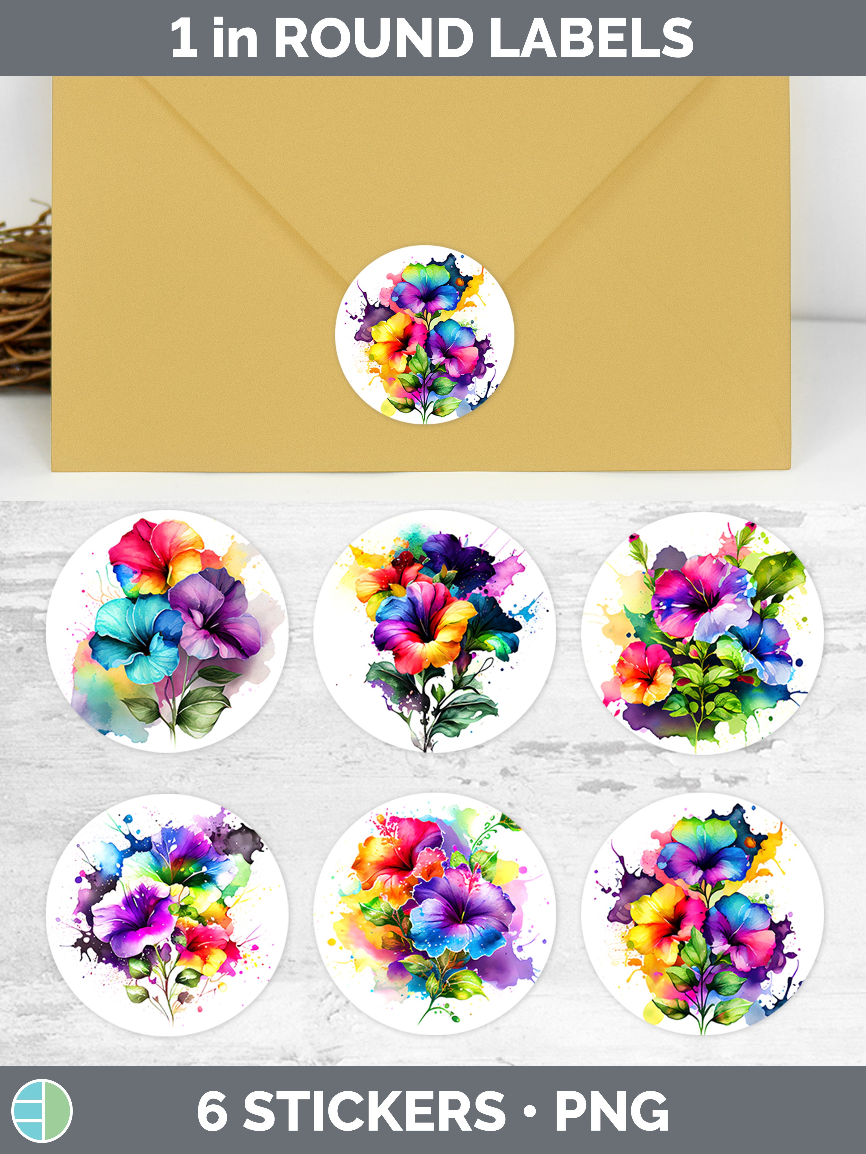 Rainbow Petunia Flowers Stickers | Round Labels Designs Bund