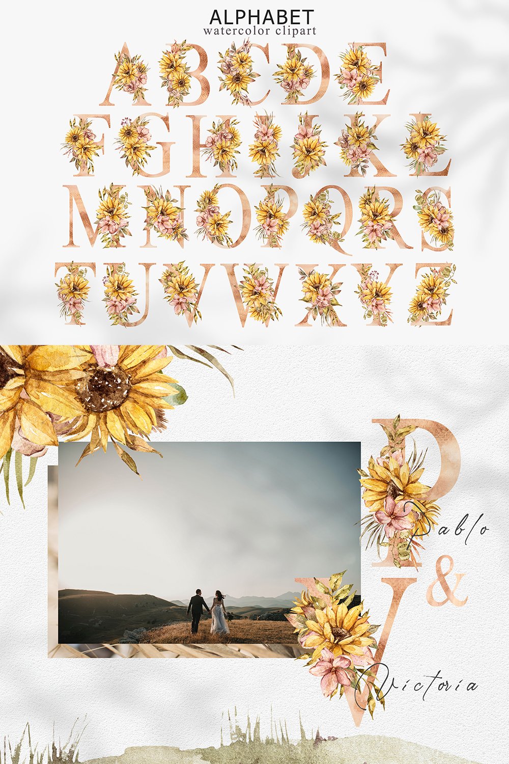 Watercolor fall sunflower monogram alphabet letters clipart