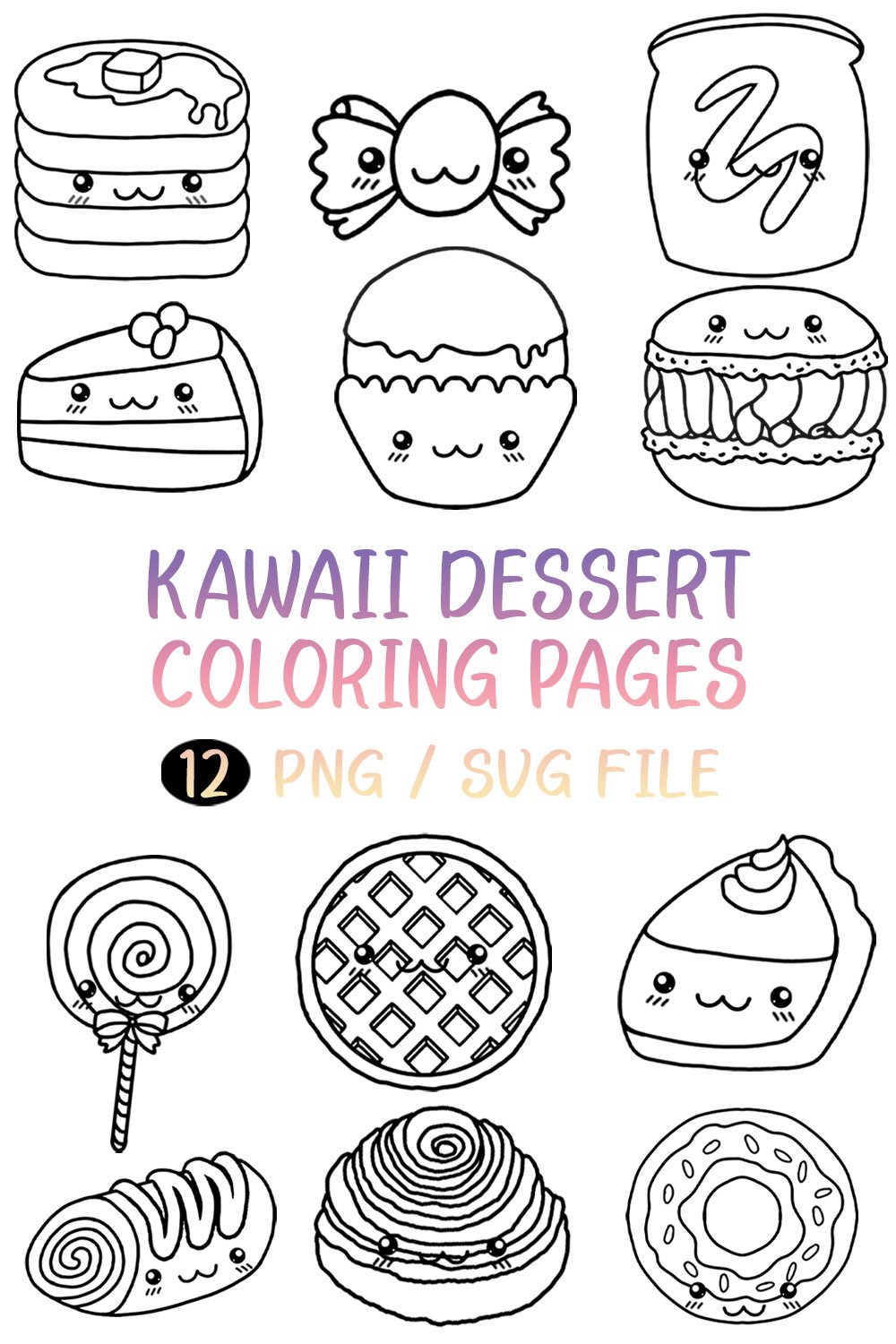 Kawaii Dessert | Coloring Page | Donut | Macaron | PNG | SVG