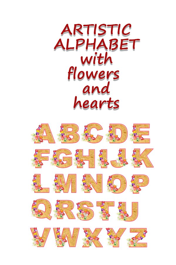 artistic alphabet, capital letter with flowers and hearts
