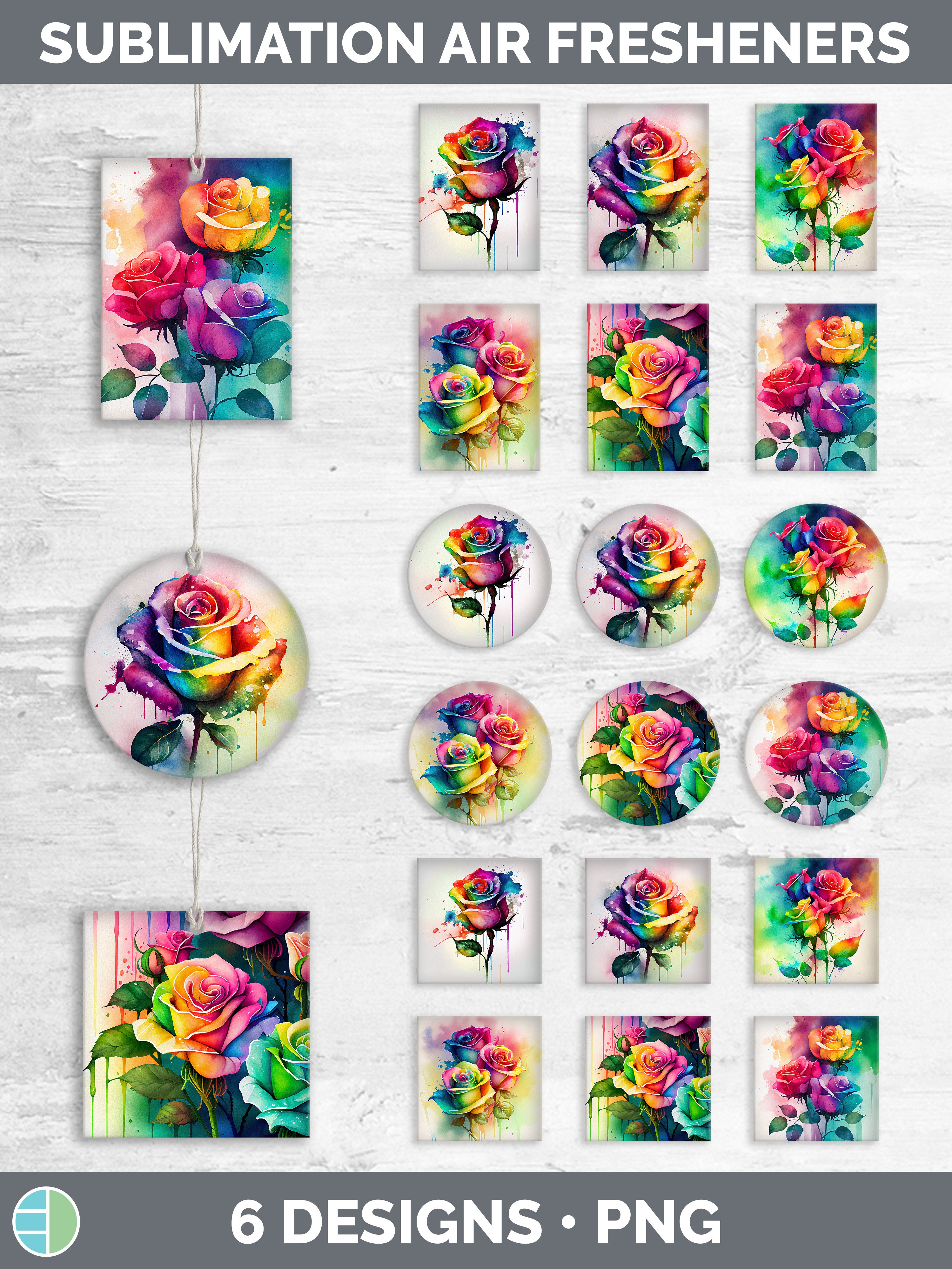 Rainbow Roses Air Freshener | Sublimation Designs Bundle