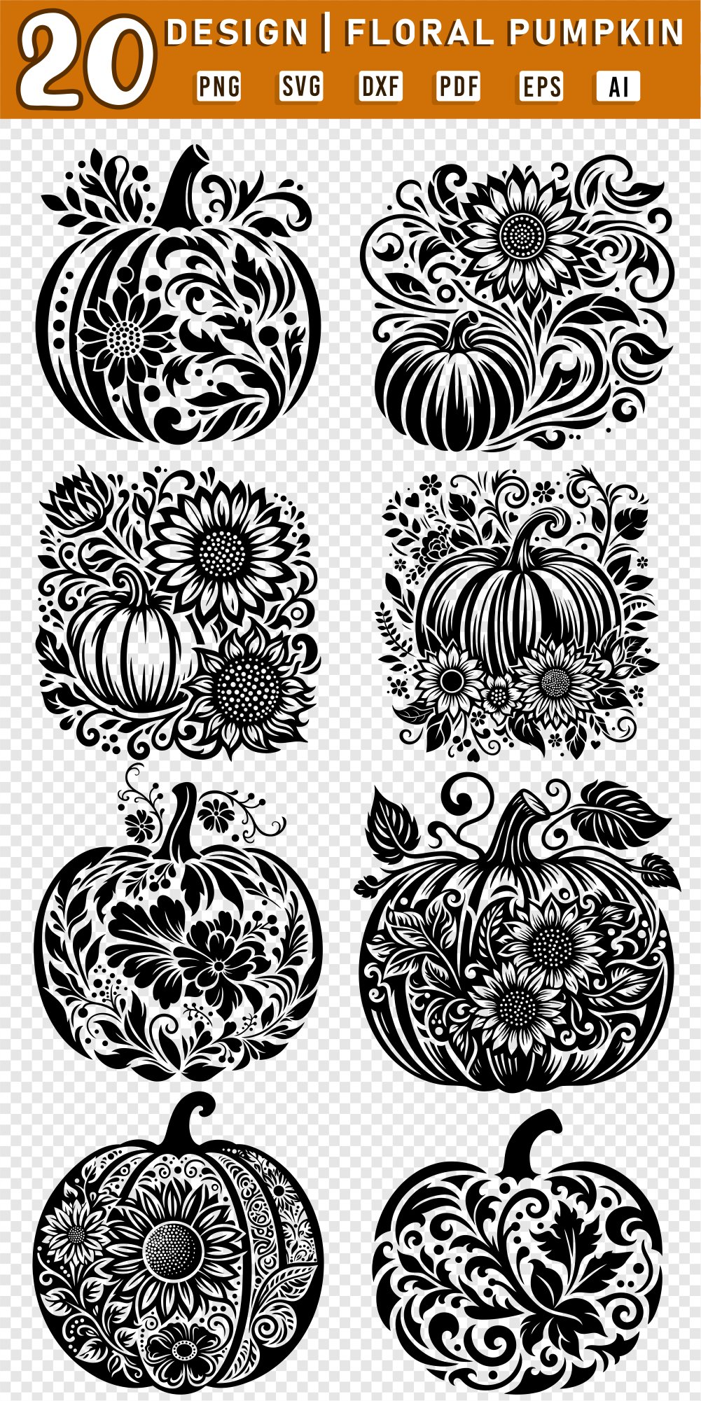 Floral Pumpkin SVG Design Bundle, Fall SVG, Thanksgiving SVG