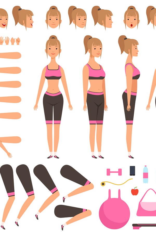 Sport girl animation. Fitness female characters body parts a