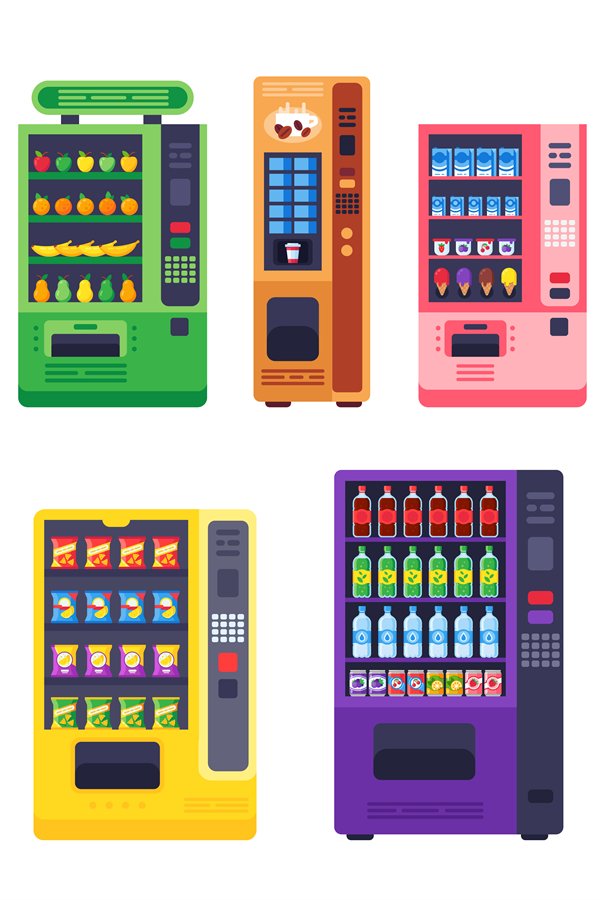 Flat vending machines. Snacks food, ice cold drinks and cand