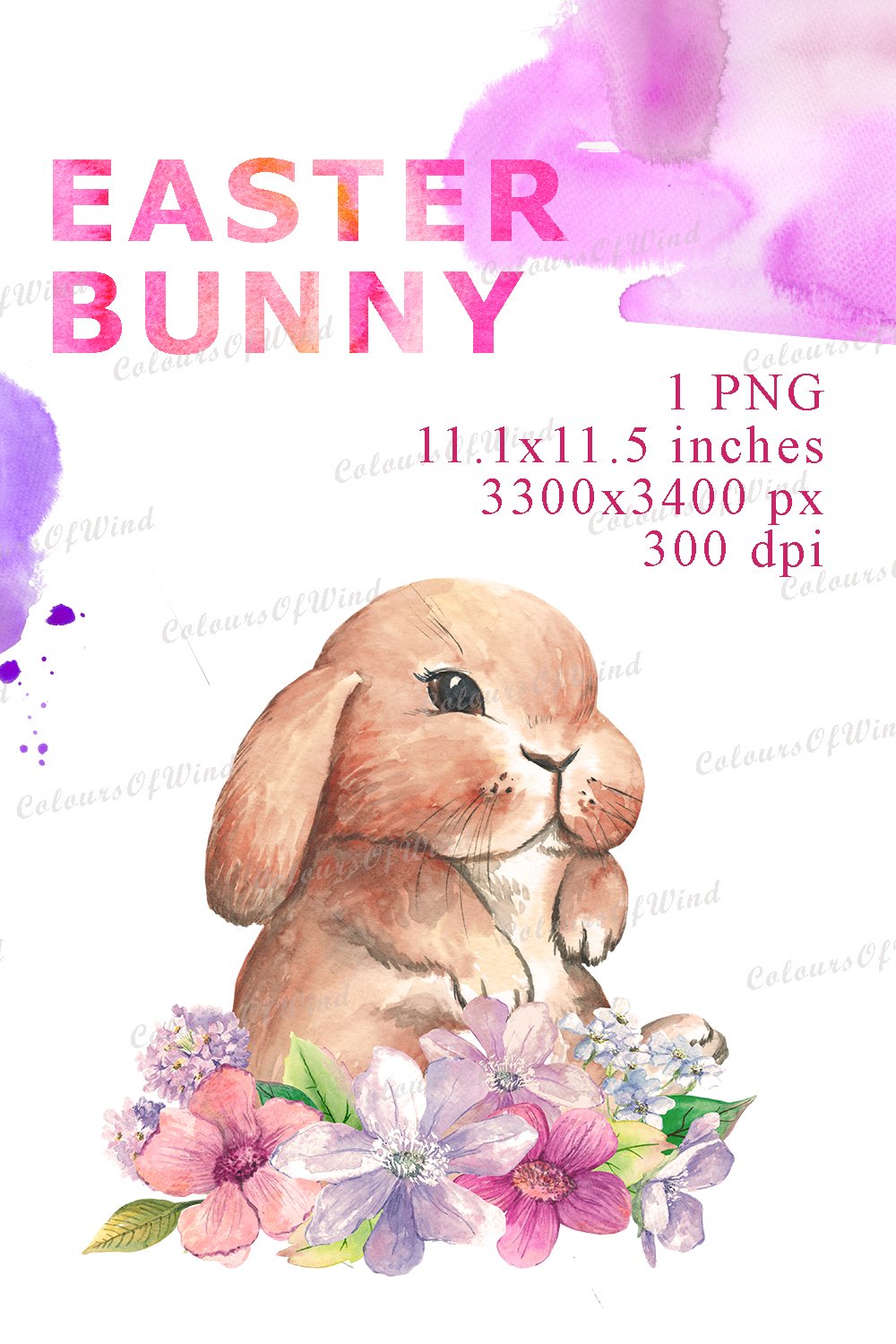 Waqtercolor Easter Bunny In Flowers Sublimation Design PNG