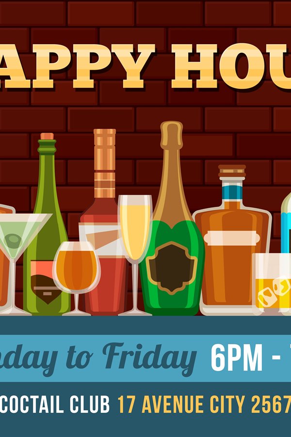 Bar happy hour poster. Alcoholic drinks offer for pub. Bottl