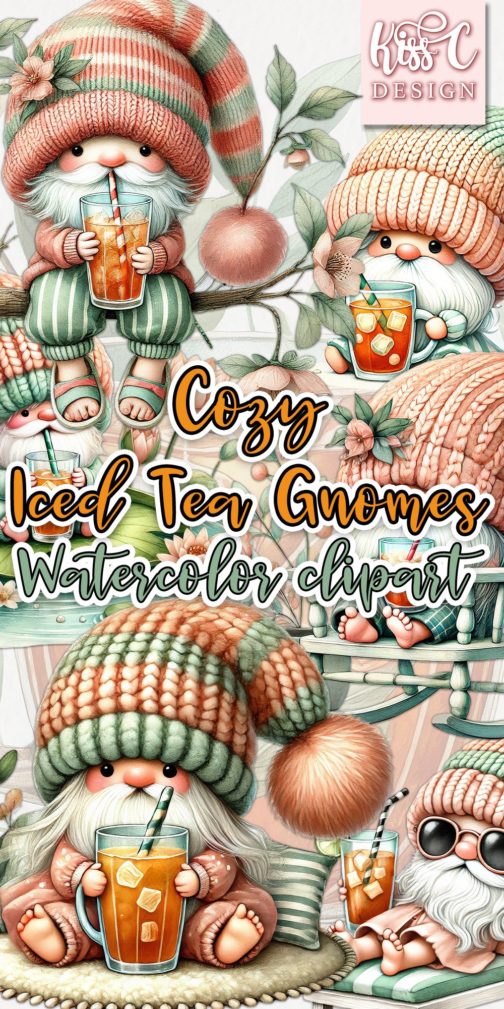 Watercolor Iced Tea Lover Gnome Clipart Set. Iced Tea Lovers