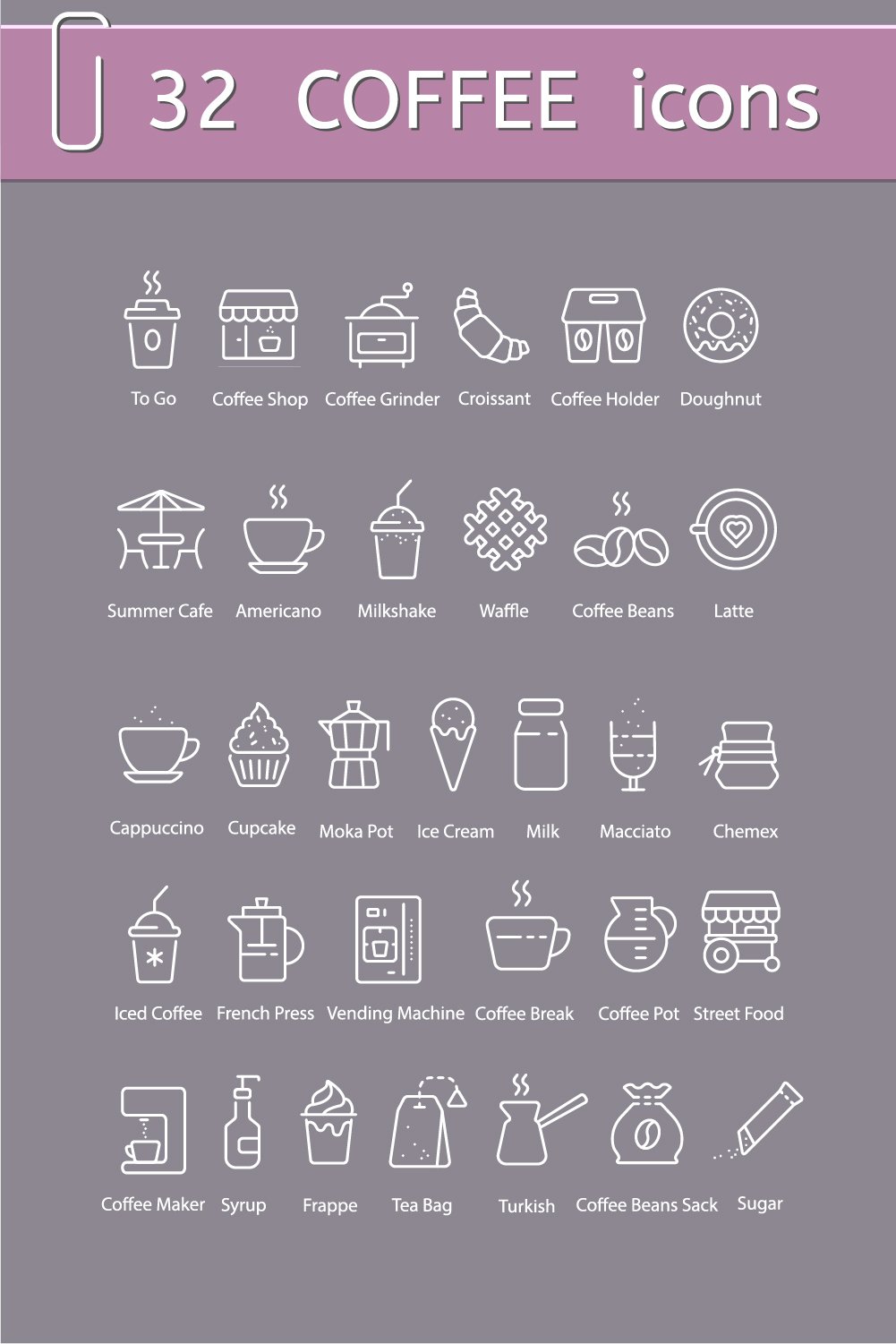 32 Coffee White OUtline Vector Icons