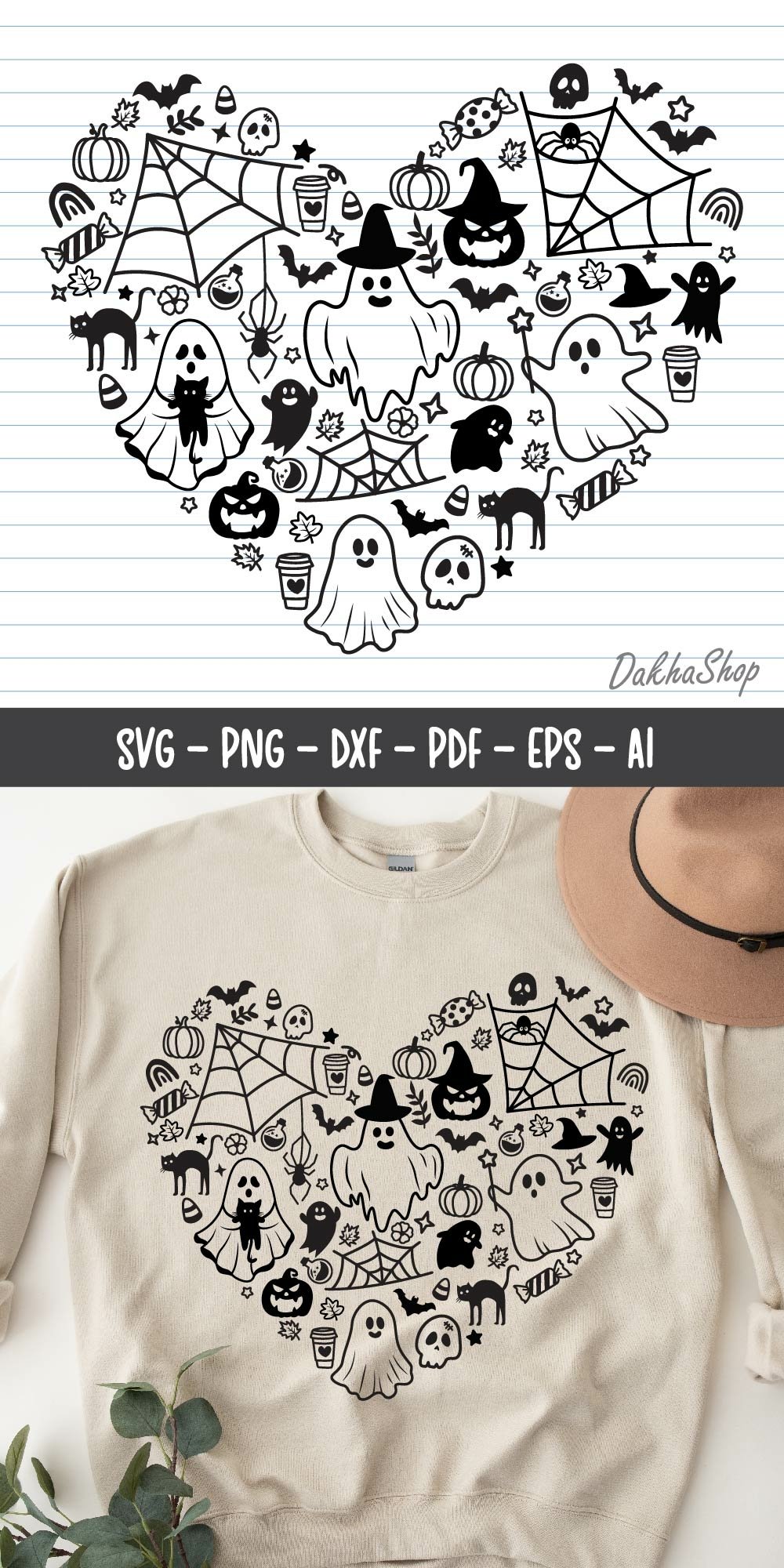 Halloween Heart svg, Ghost Heart Svg, Ghost With Cat svg.
