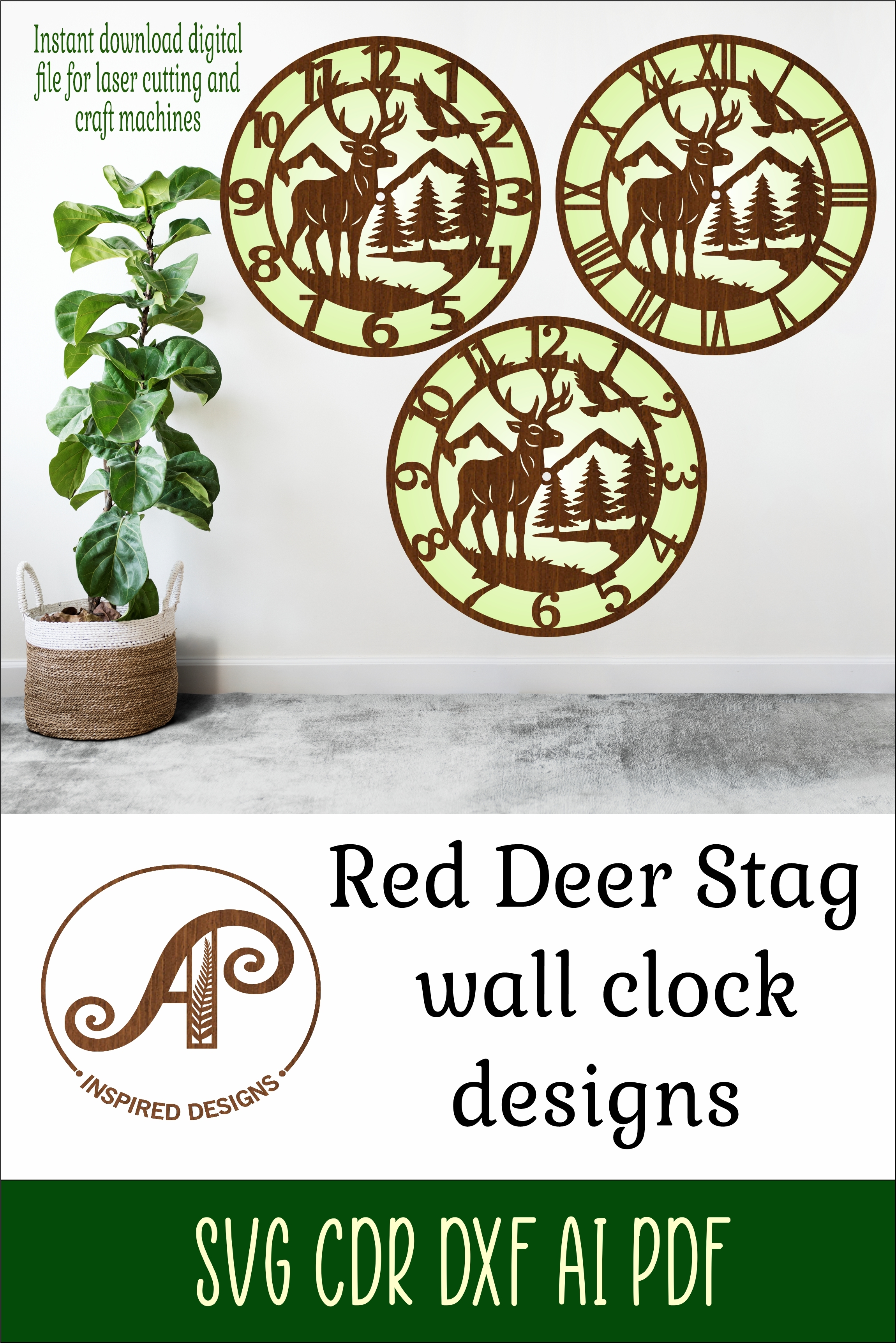 Red deer stag clock wall clock laser cut files
