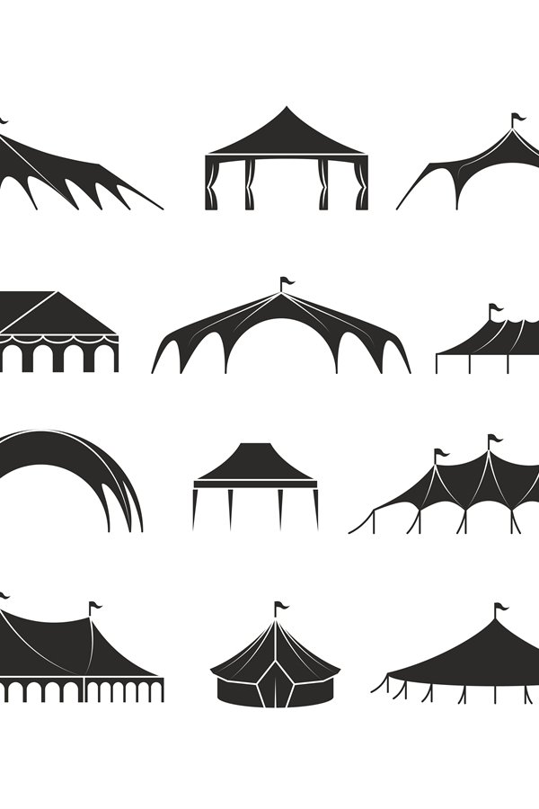 Outdoor shelter tent, event pavilion tents vector icons