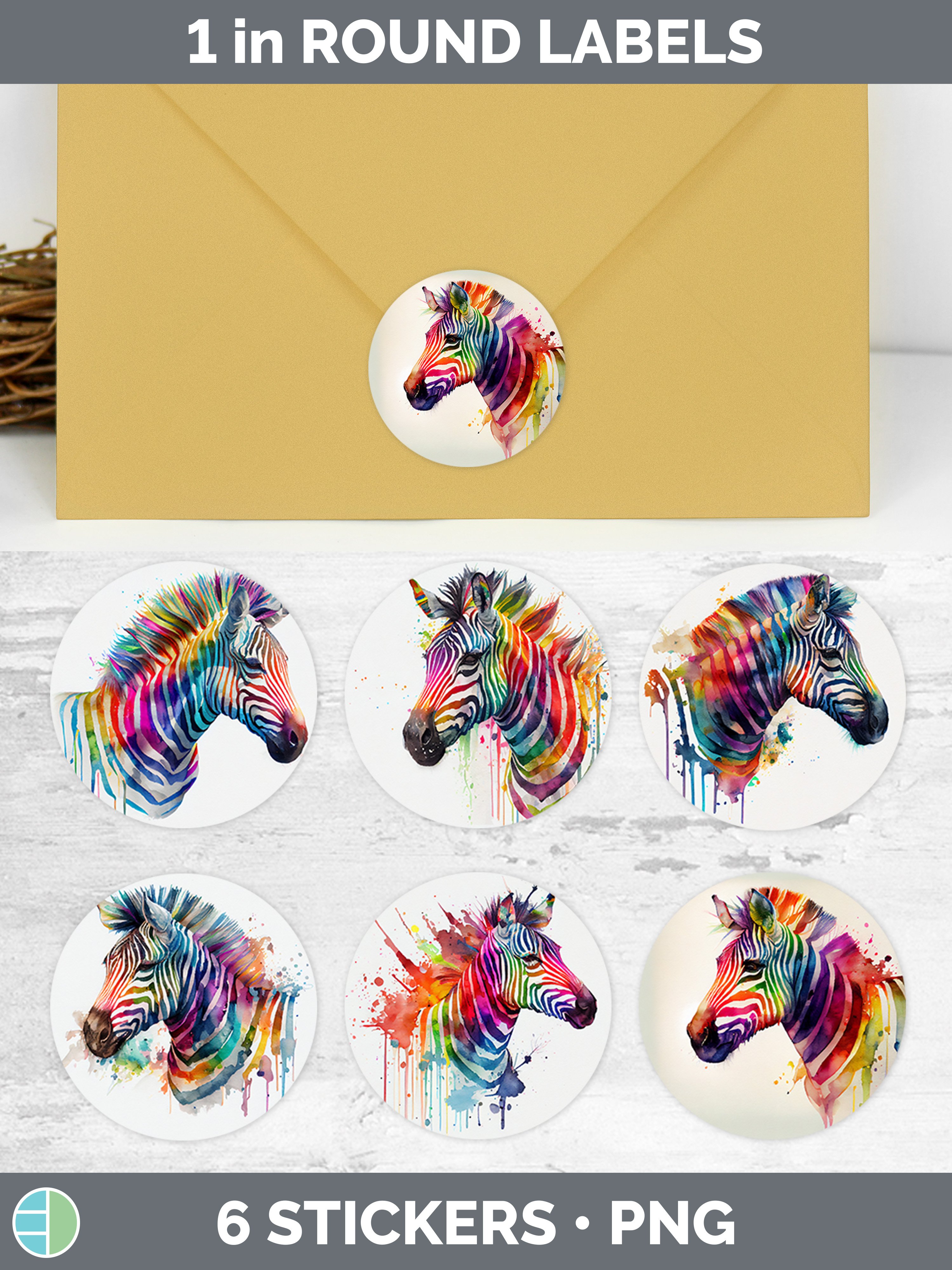 Rainbow Zebra Stickers | Sticker 1in Round Labels PNG Design