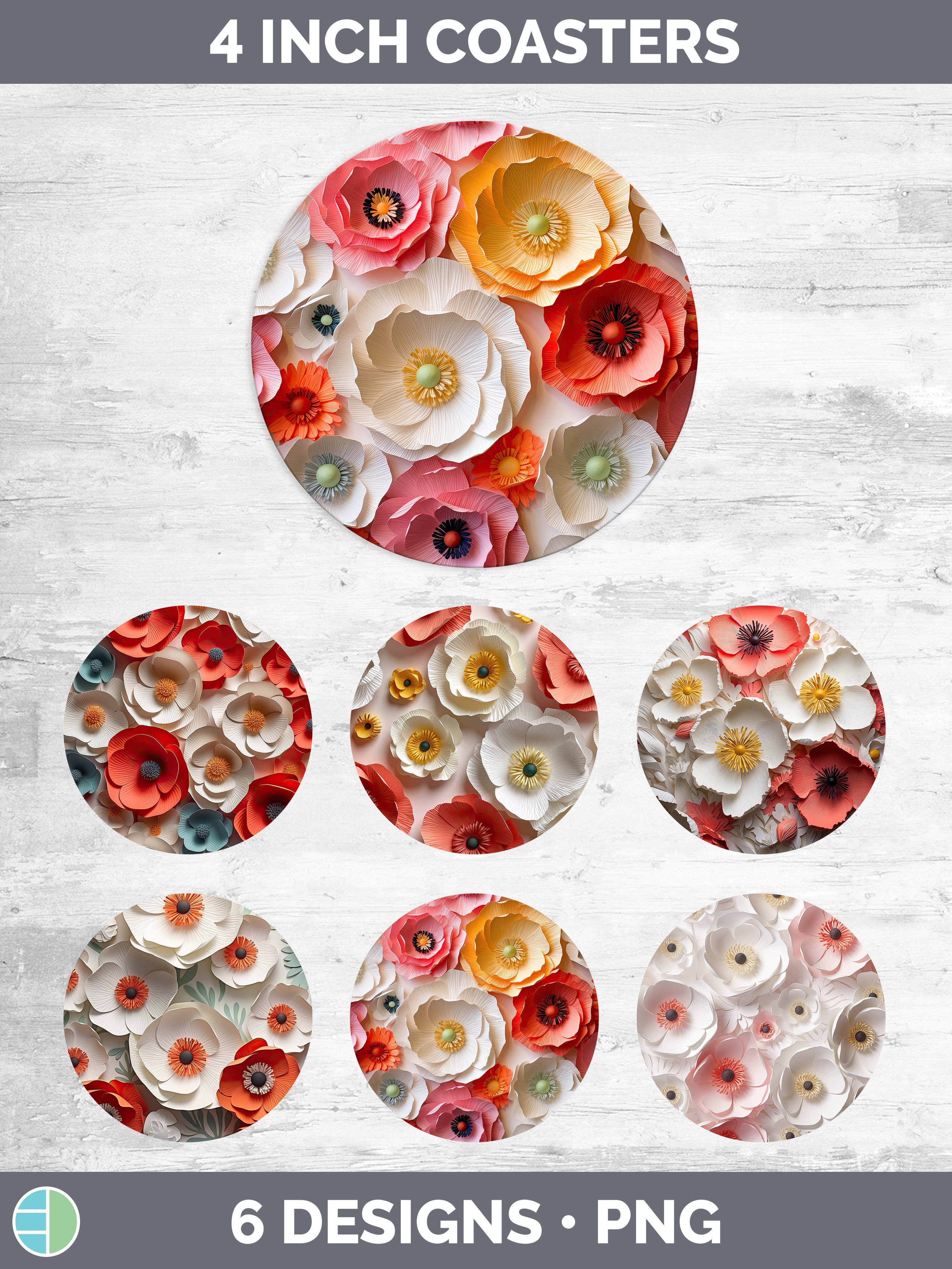 3D Paper Poppy Flowers Round Coaster | Bundle Coaster Design
