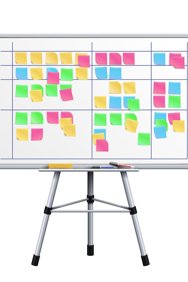 Office board. Task stickers on boards surface. Scrum or agil
