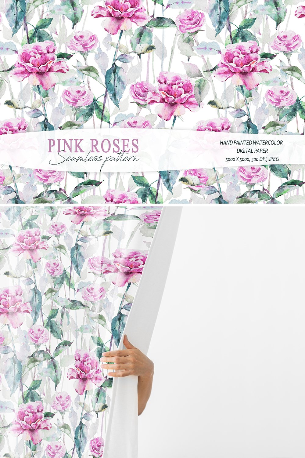 Watercolor pink roses seamless pattern. Digital paper