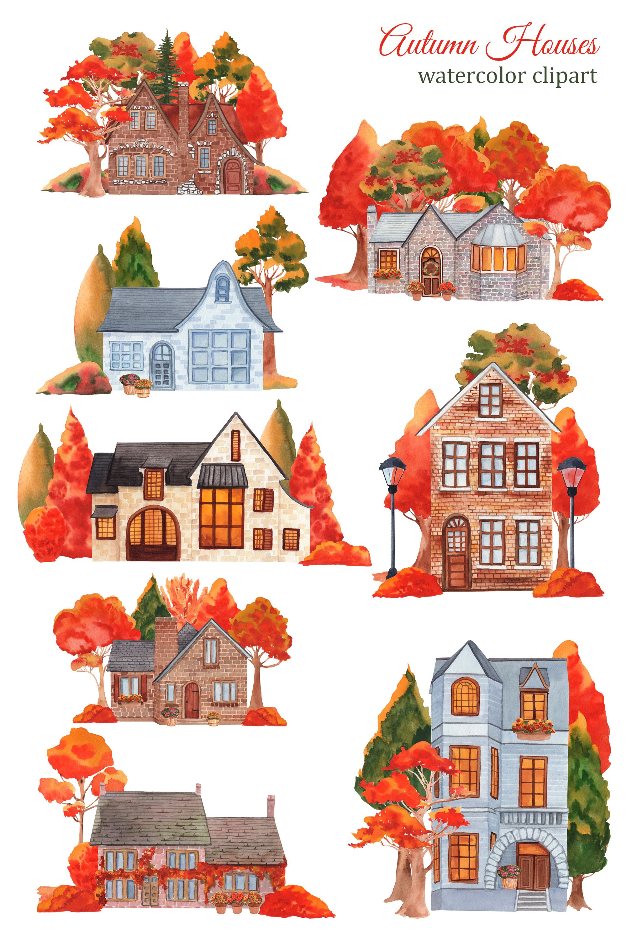 Watercolor autumn houses clipart, fall tree clipart