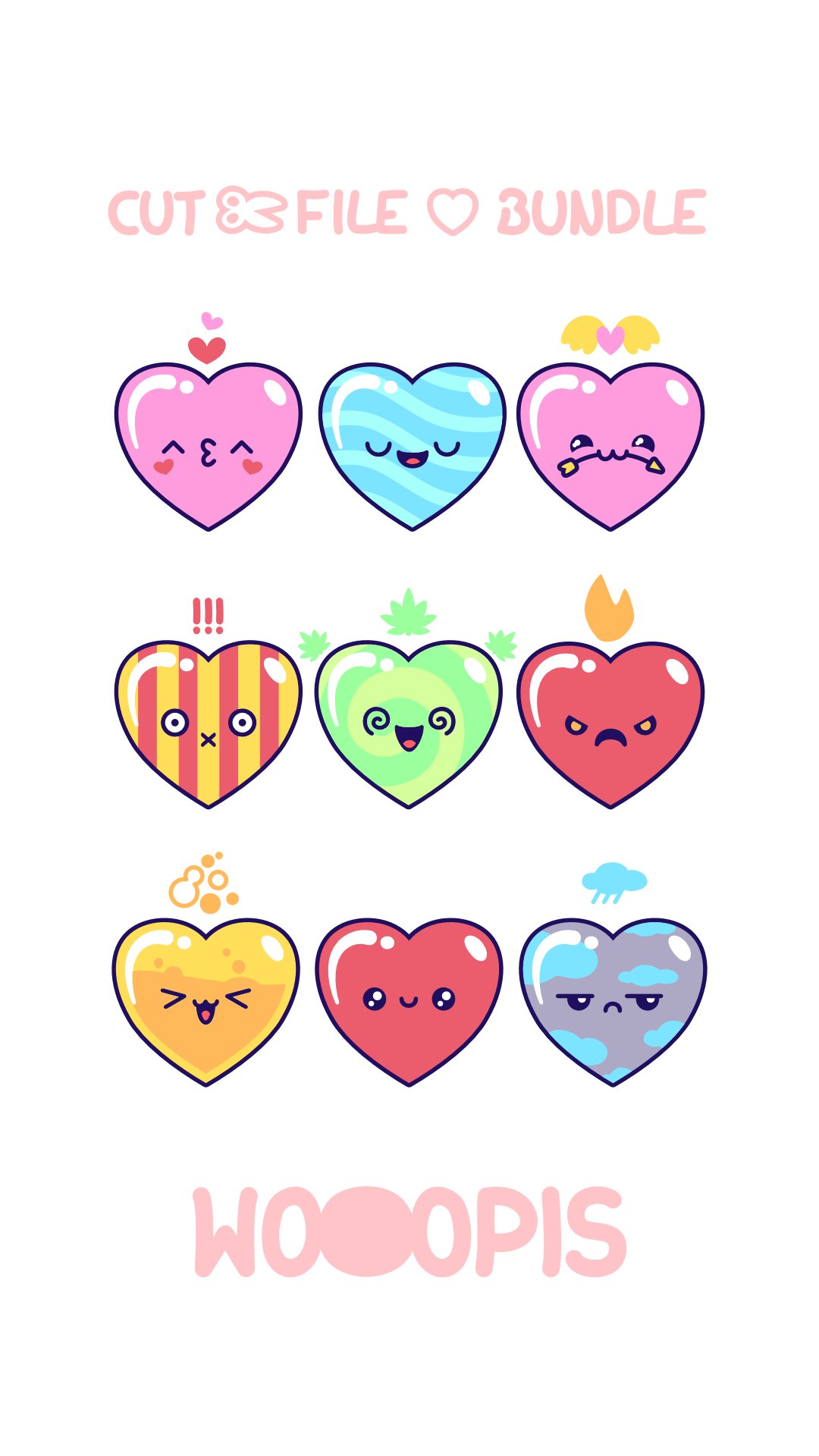 Heart Bundle - 9 colorful Kawaii faces as SVG Cut Files